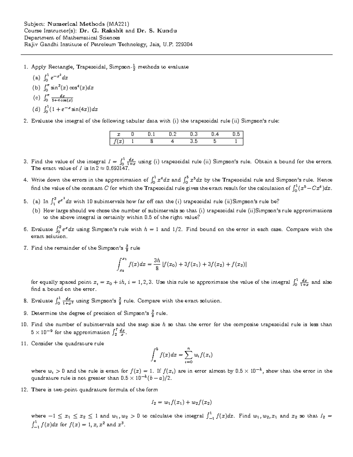 Numerical integration - Subject: Numerical Methods (MA221) Course Instructor(s): Dr. G. Rakshit ...