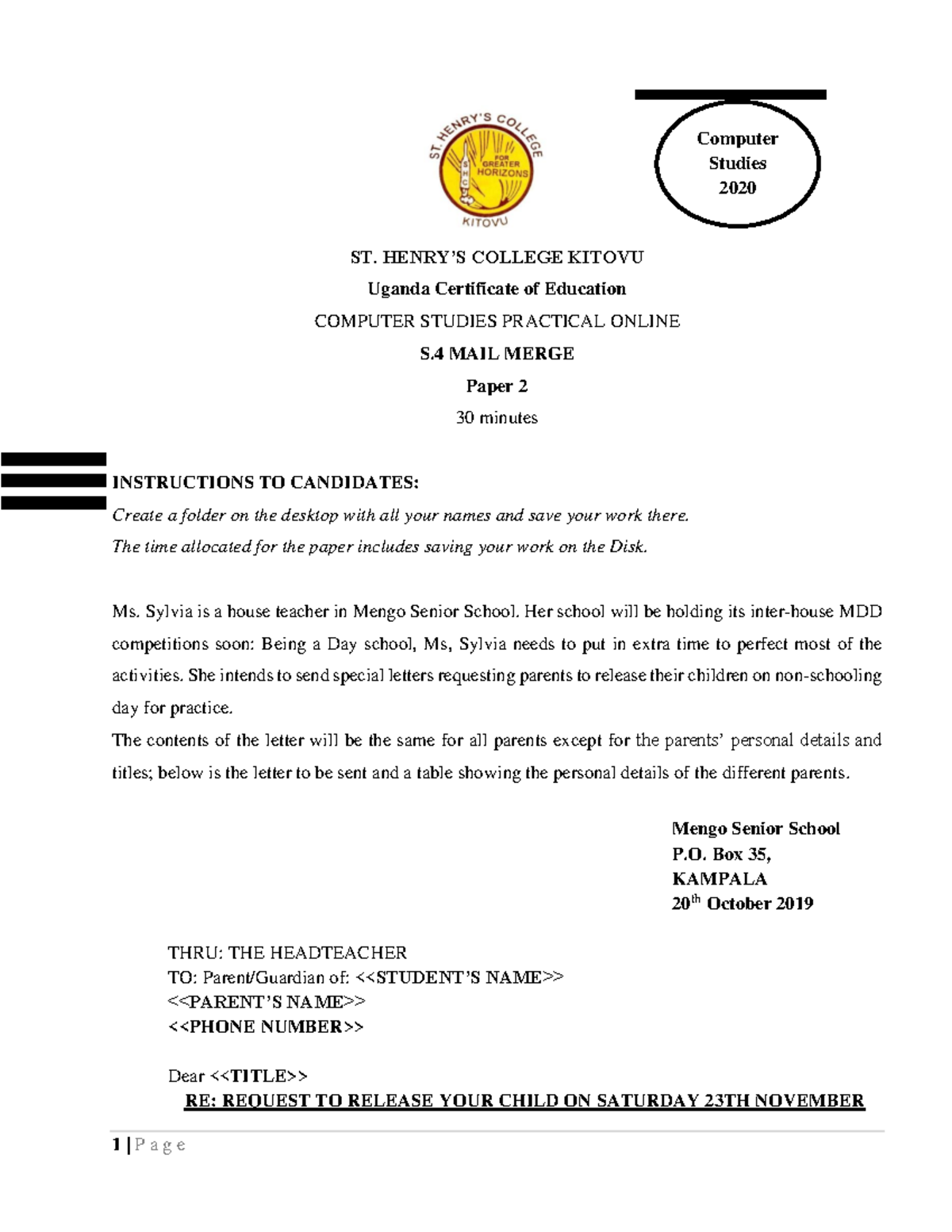 Mail merge test 4 - Computer practical paper for year 2023 - 1 | P a g ...