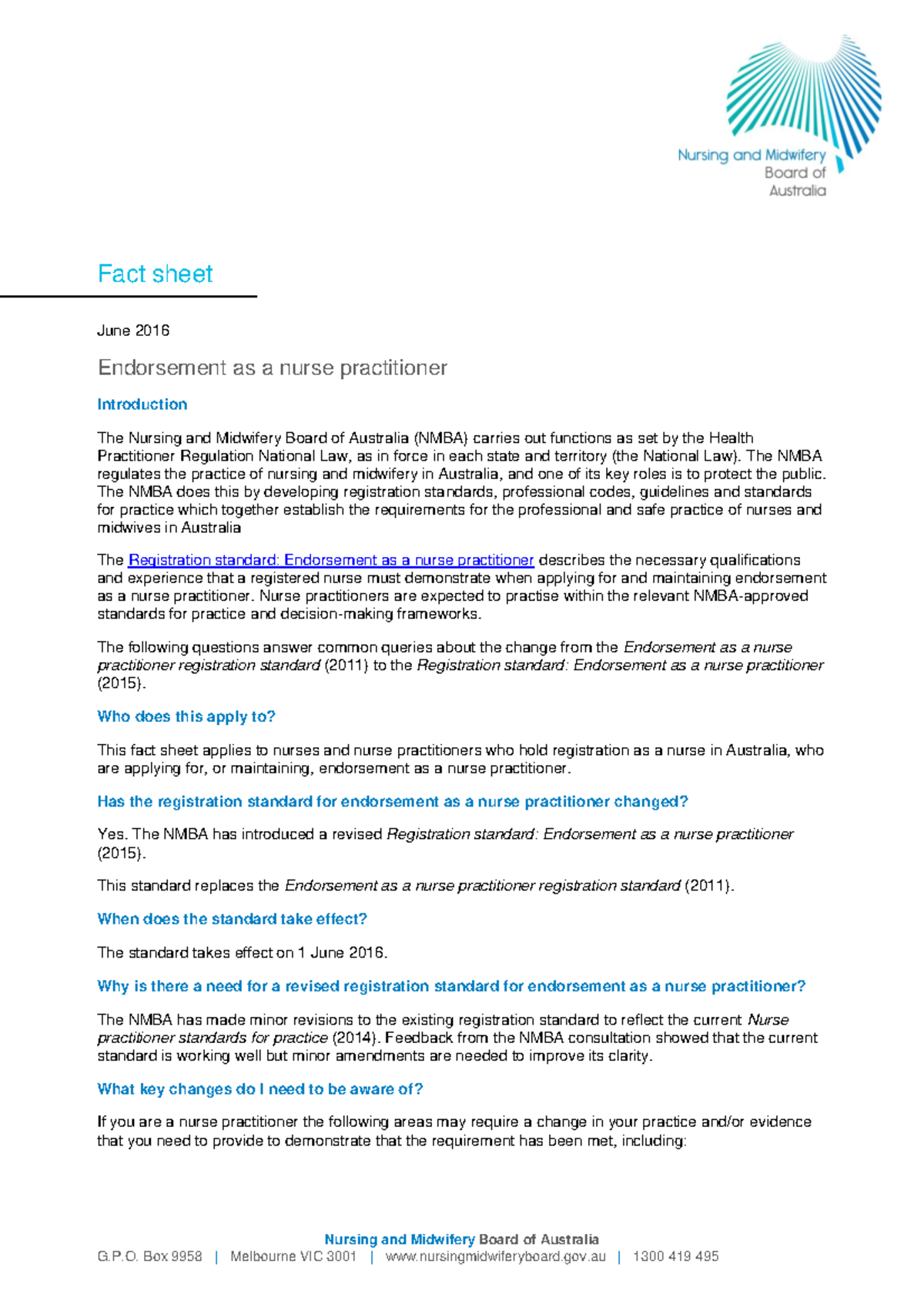 Fact sheet Nursing and Midwifery Board Fact sheet Endorsement as nurse practitioner 1 February ...
