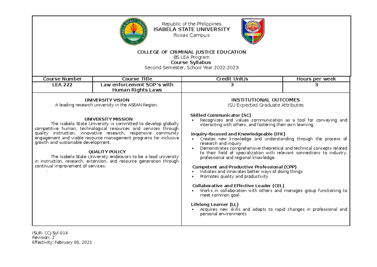 Syllabus in LEA 222 - For educational purposes only - Republic of the Philippines ISABELA STATE ...
