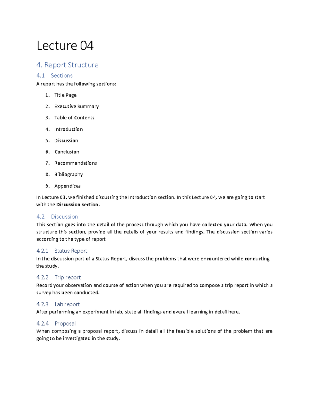 HUM102 Lecture 04 - lect4 - Lecture 04 4. Report Structure 4 Sections A ...