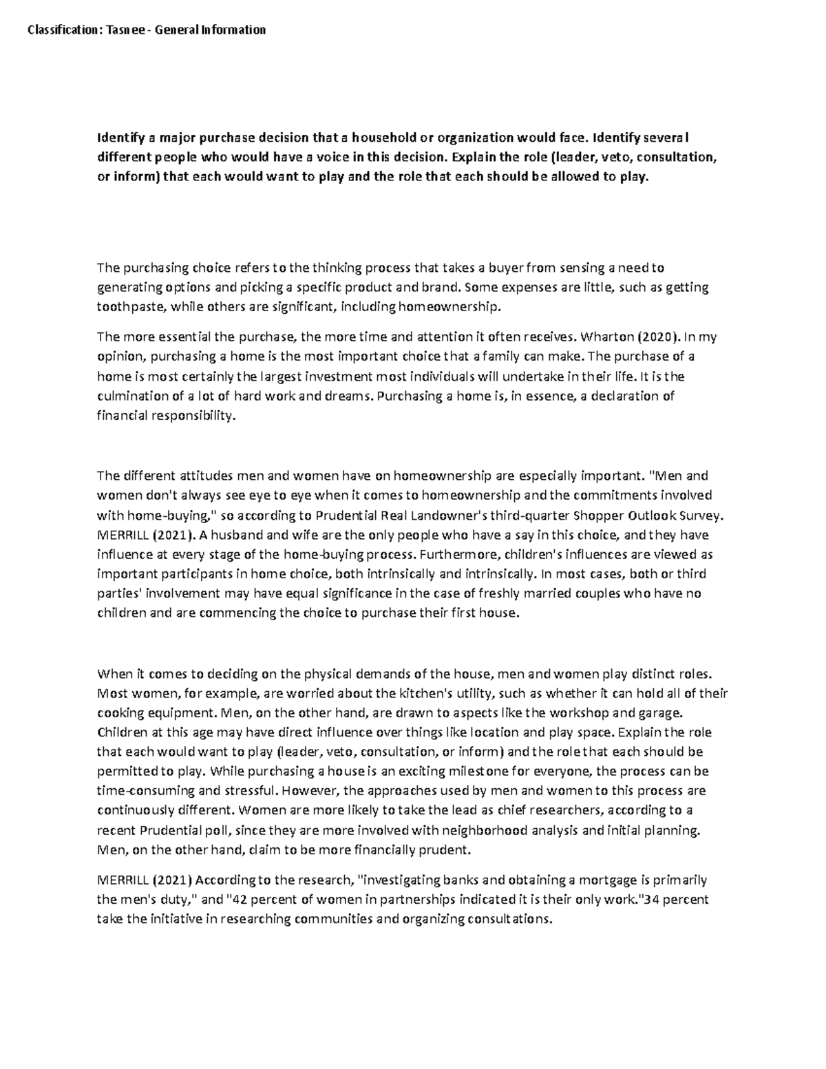 Written Assignment Unit 7 - Classification: Tasnee - General ...