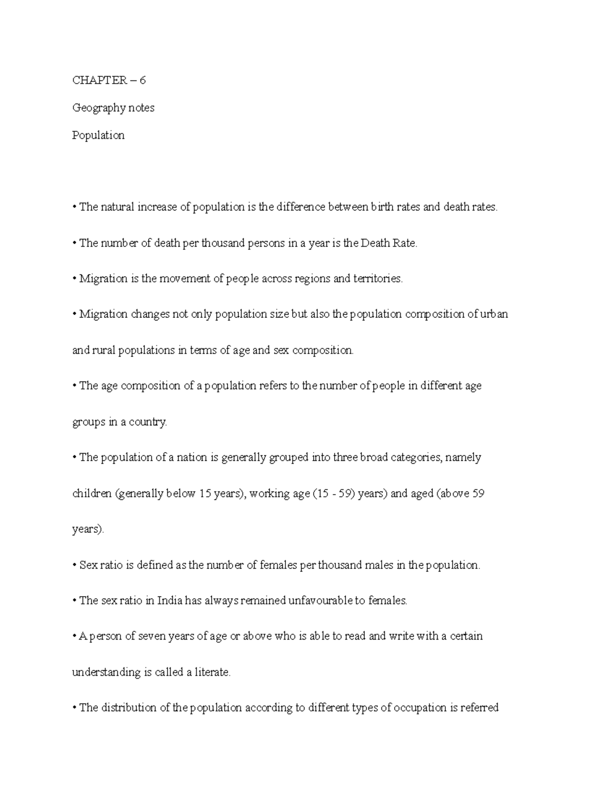 Chapter – 6 Geography Notes 2 - CHAPTER – 6 Geography notes Population ...