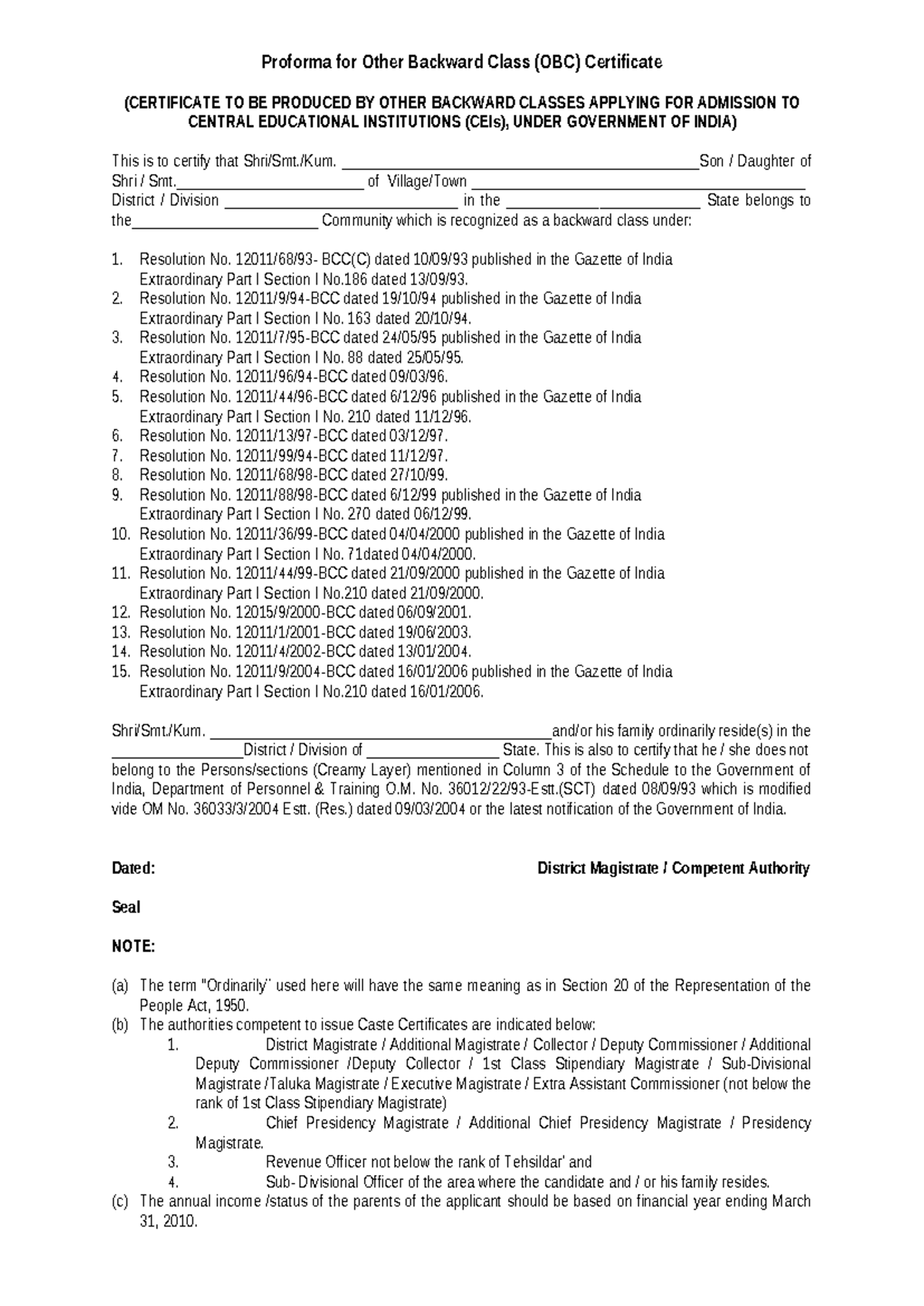 61.Proforma for Other Backward Class (OBC) Certificate - Proforma for ...