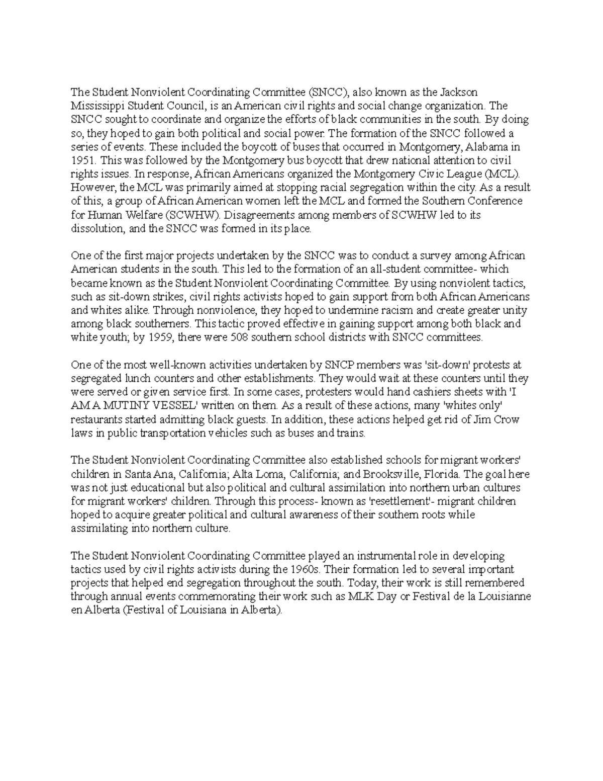 The Student Nonviolent Coordinating Committee - The SNCC sought to ...