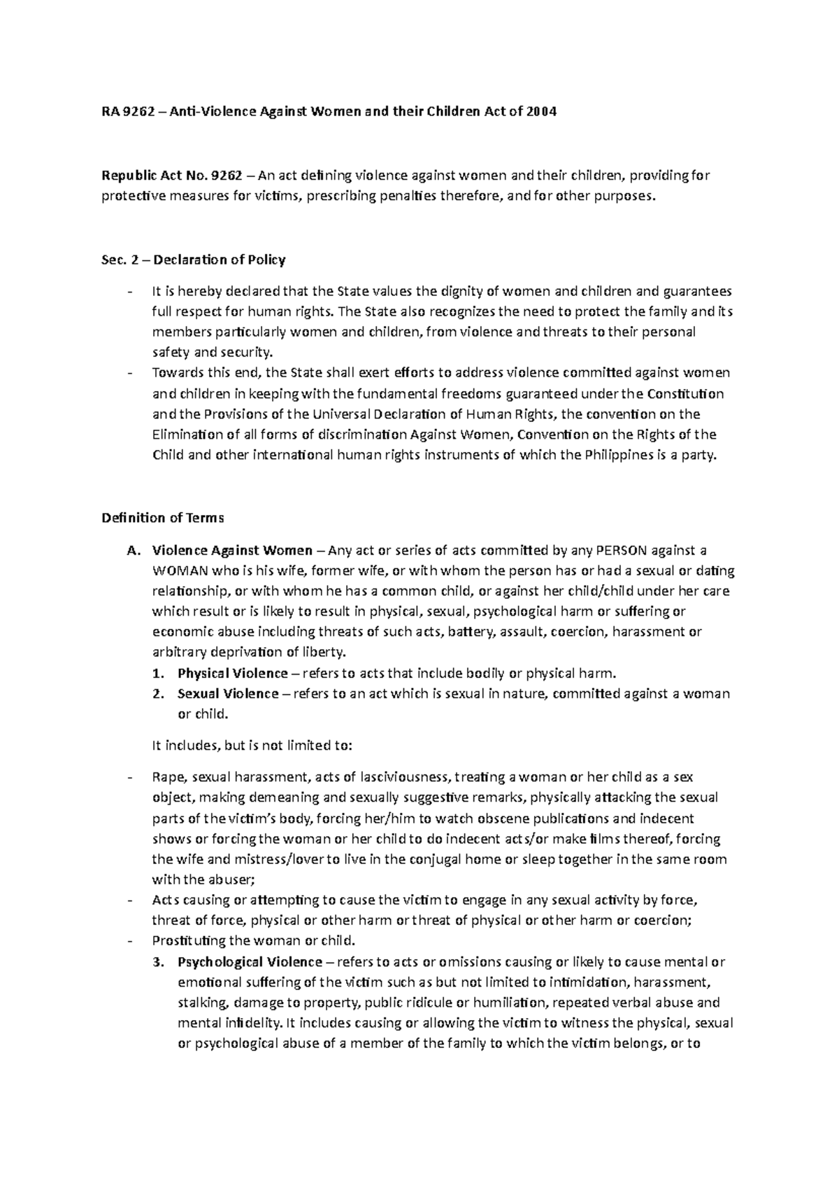 VAWC - Gender and Society - RA 9262 – Anti-Violence Against Women and ...