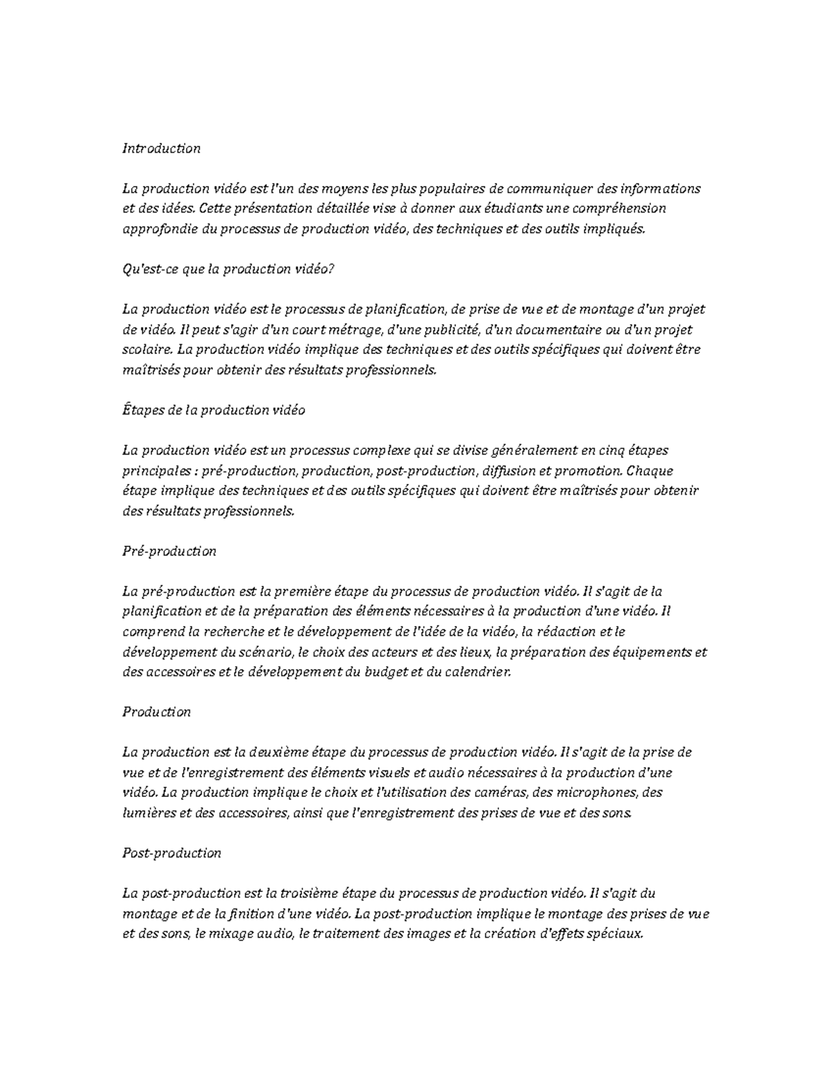 Video Production Study Notes - Introduction La production vidéo est l ...