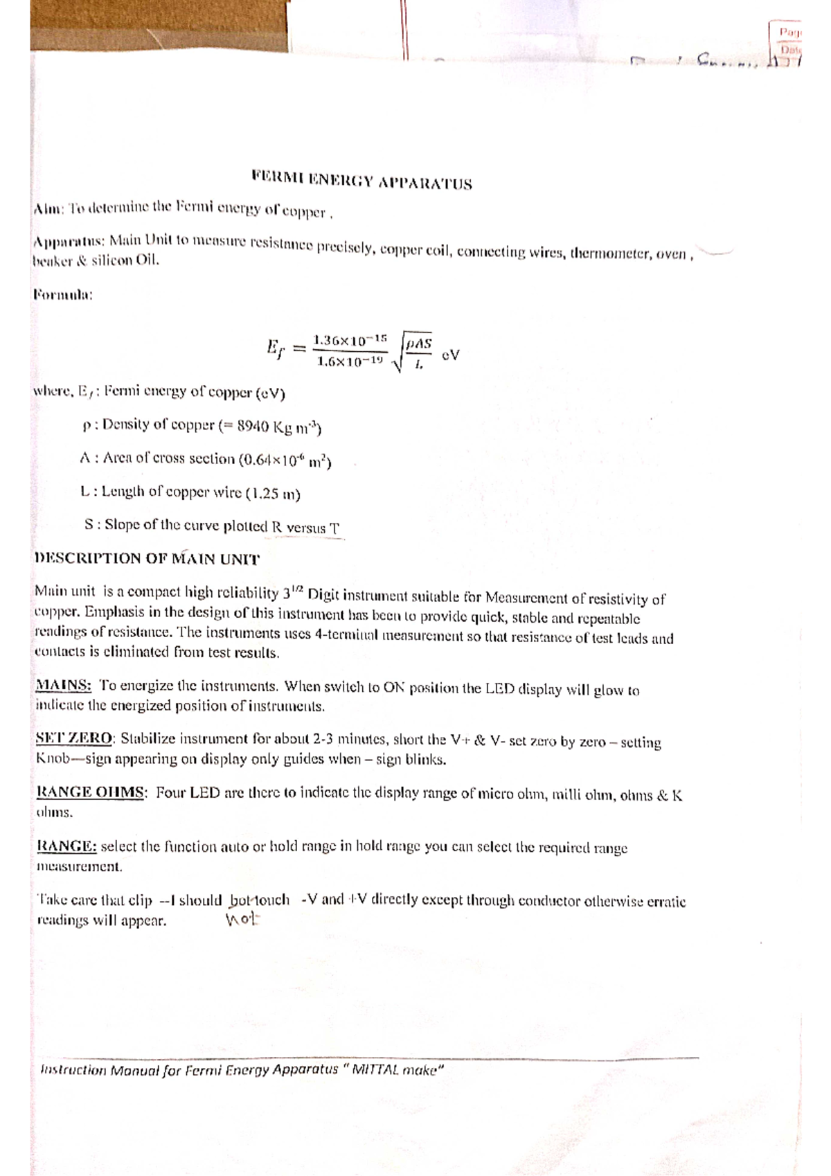Experiment B3 - It is lab manual for Fermi energy - Page Date FERMI ...