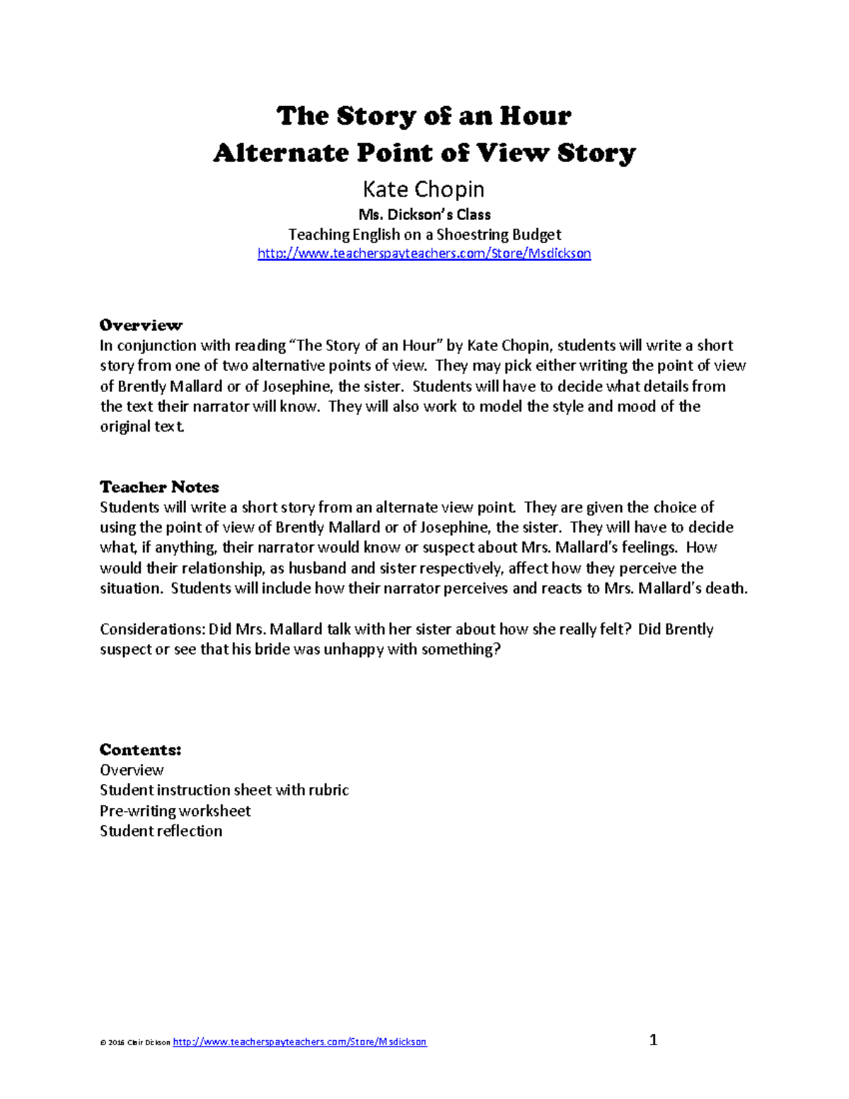 1 - The Story of an Hour Alternate Point of View Writing Activity (Kate ...