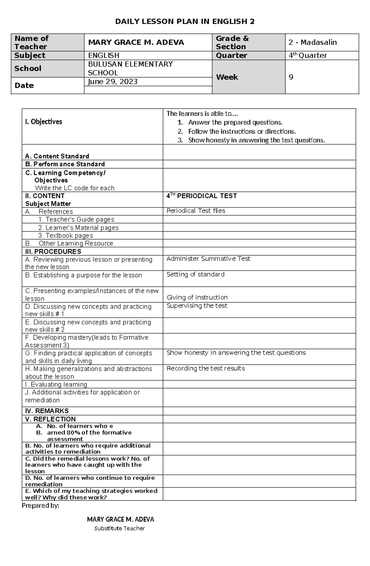 Lesson PLAN English 2 WEEK 9 DAY 4 - DAILY LESSON PLAN IN ENGLISH 2 ...