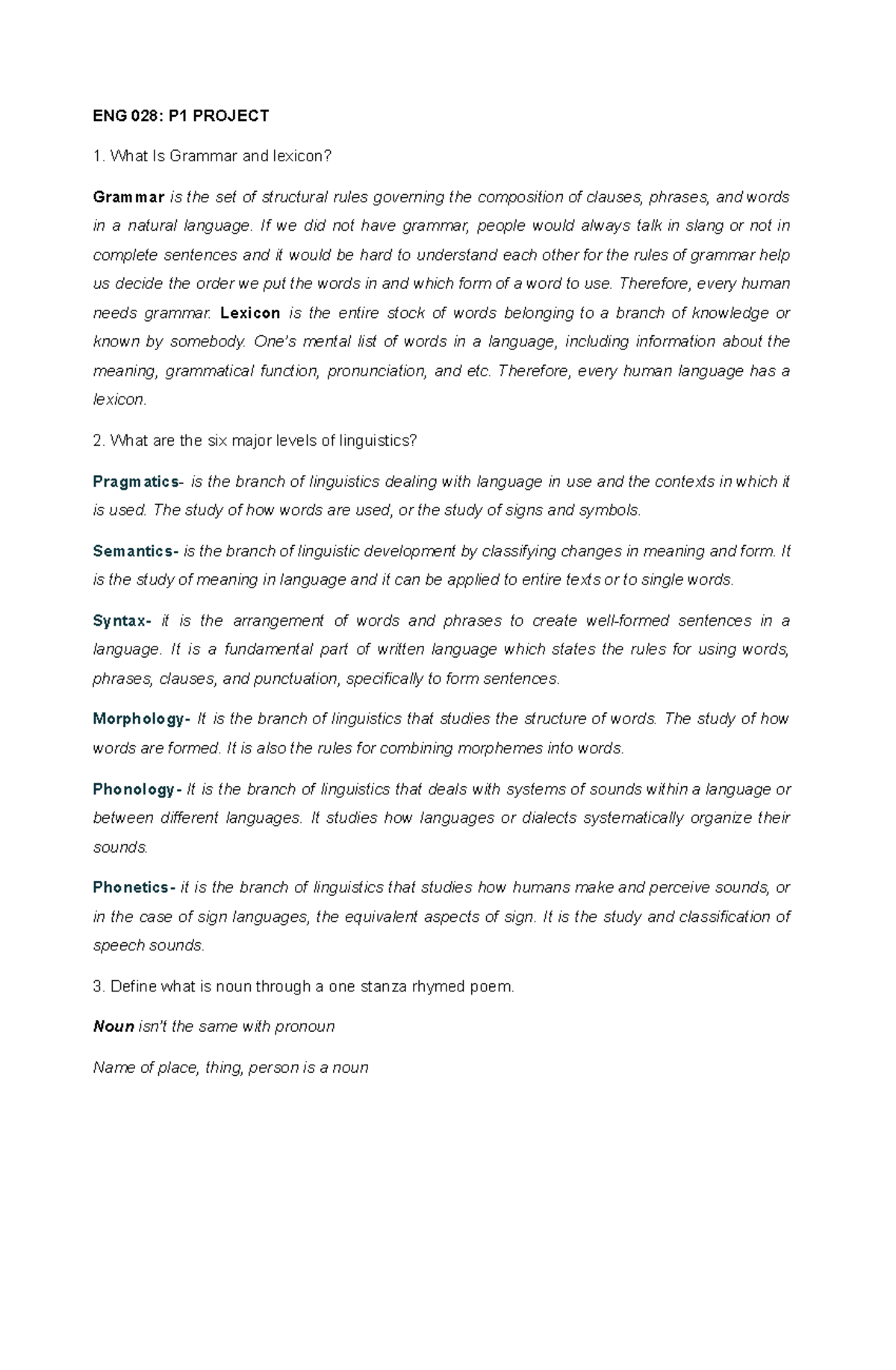 028 PROJ3CT - ENG 028: P1 project: answer key - ENG 028: P1 PROJECT What Is Grammar and lexicon ...
