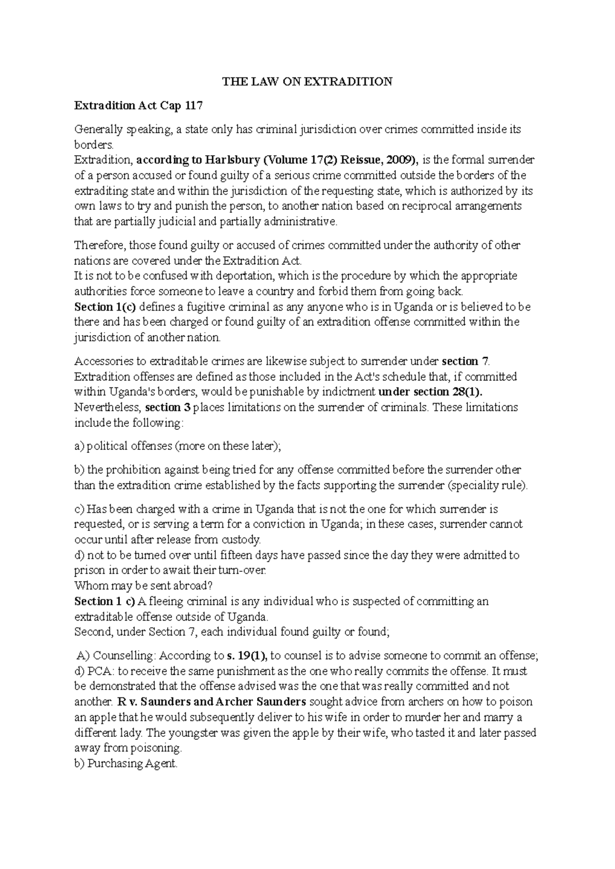 FRED WORK - Summery - THE LAW ON EXTRADITION Extradition Act Cap 117 ...
