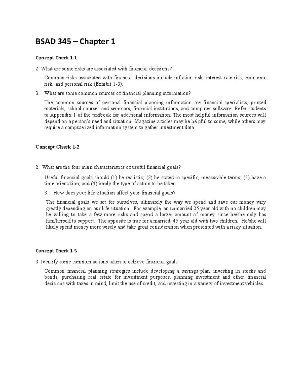 BSAD 345 Lesson 1 Answers - BSAD 345 – Chapter 1 Concept Check 1- What ...