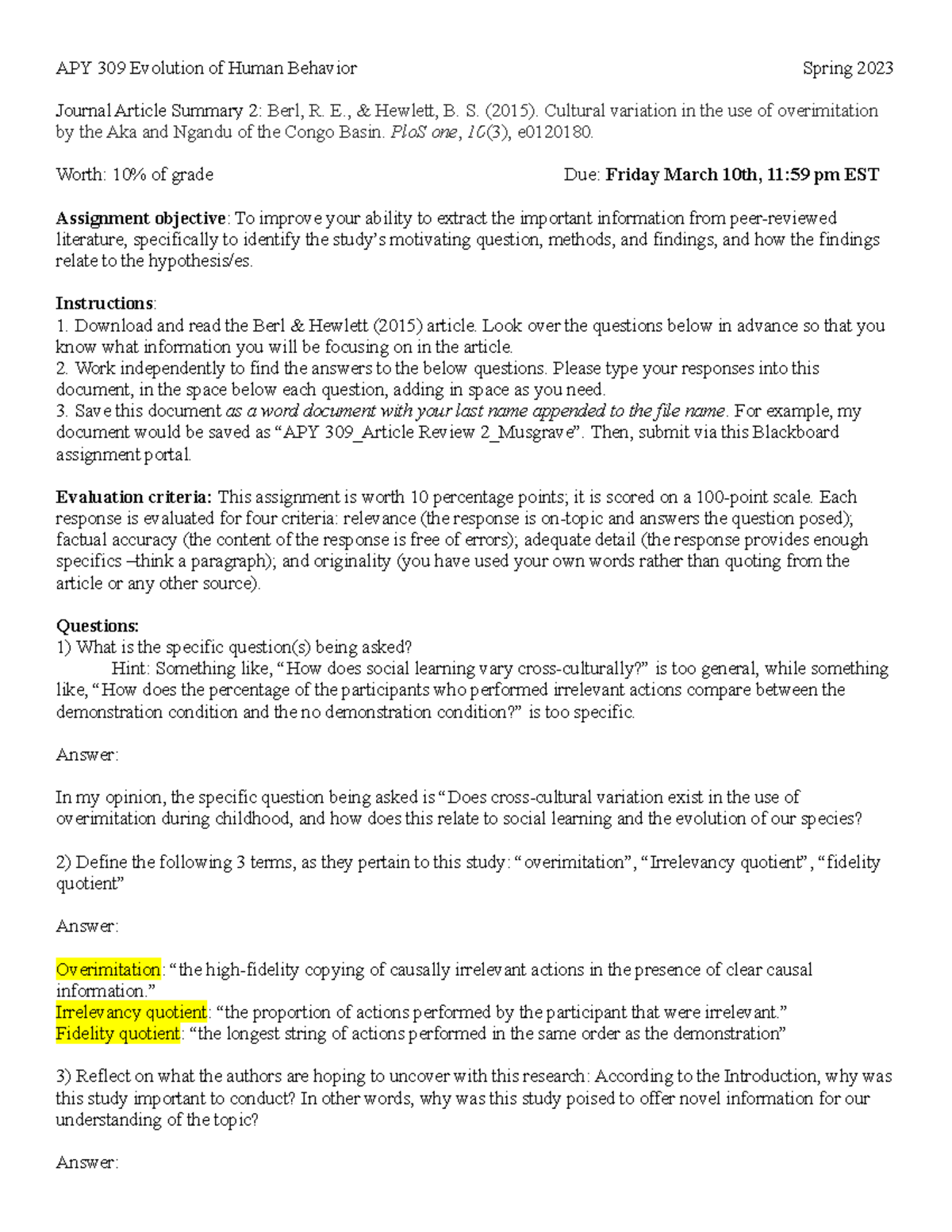 APY 309 Article Review 2 Treadwell - APY 309 Evolution of Human ...