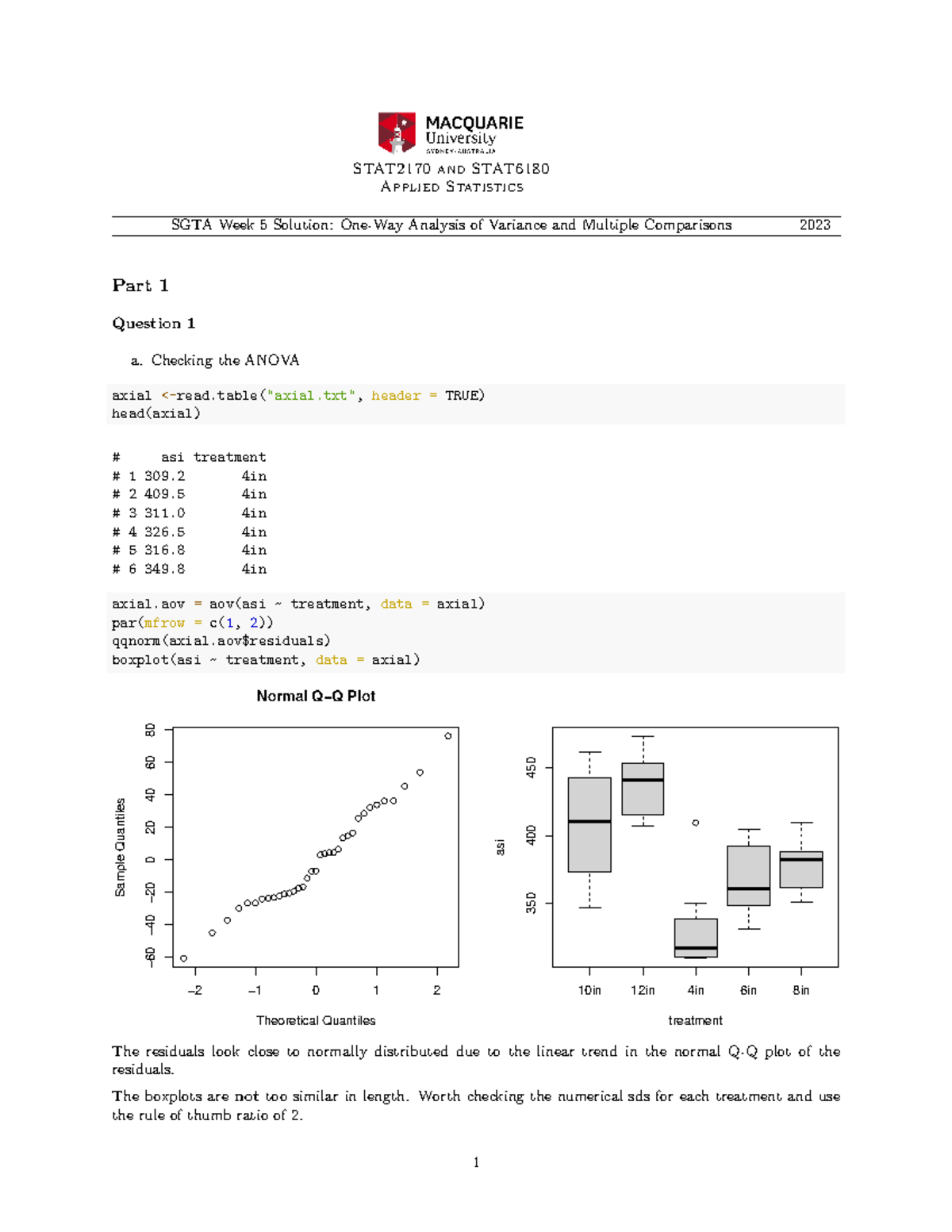 Week 5 SGTA Solutions - STAT2170 and STAT Applied Statistics SGTA Week 5 Solution: One-Way ...