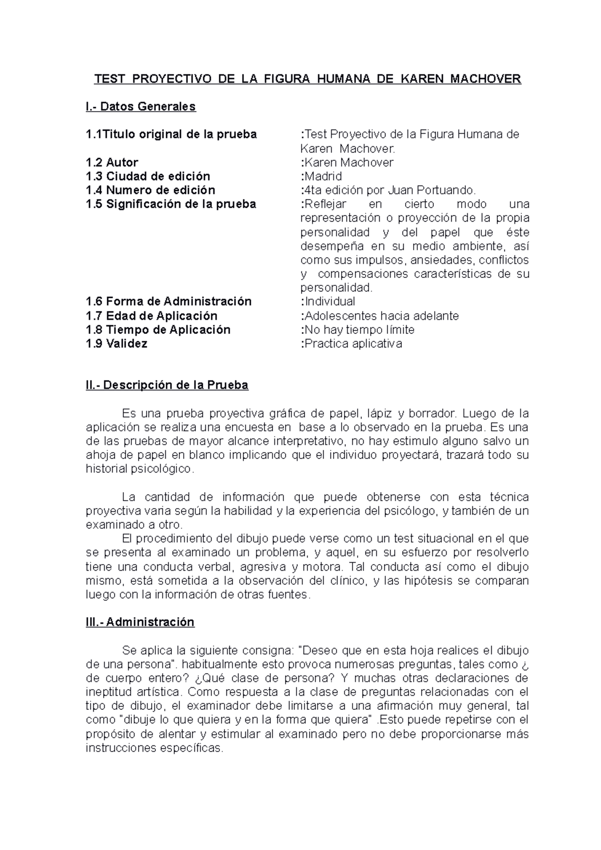 Ficha técnica Machover - TEST PROYECTIVO DE LA FIGURA HUMANA DE KAREN ...