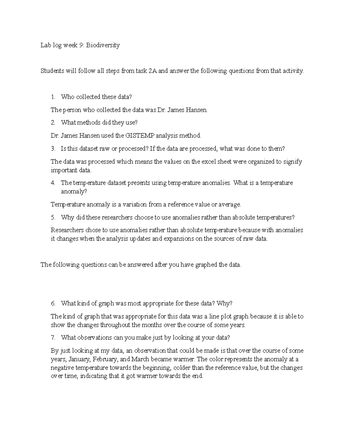 Lab log 9 - lab log for lab class - Lab log week 9: Biodiversity ...