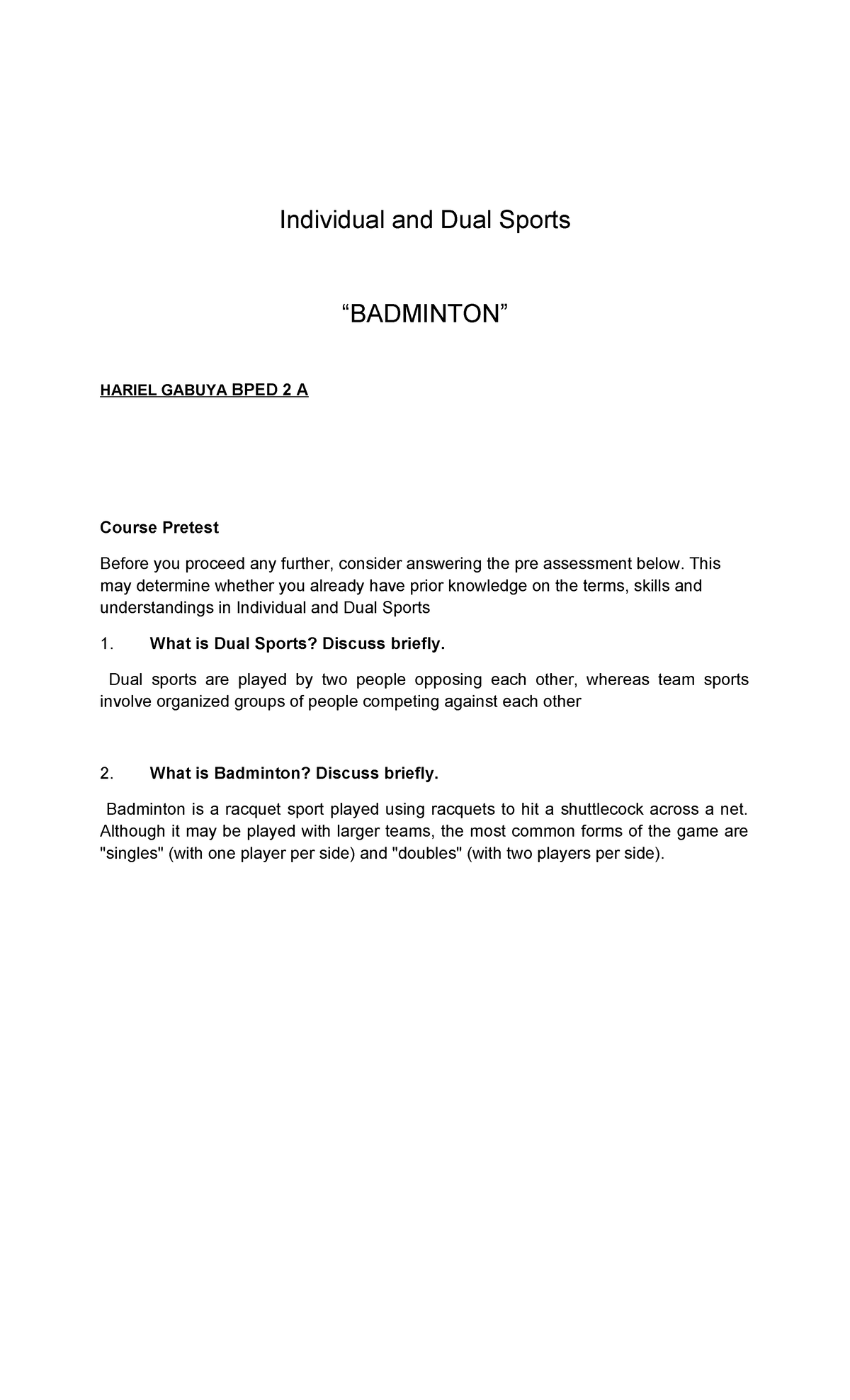 Individual and Dual Sports Racket Sports - Individual and Dual Sports ...