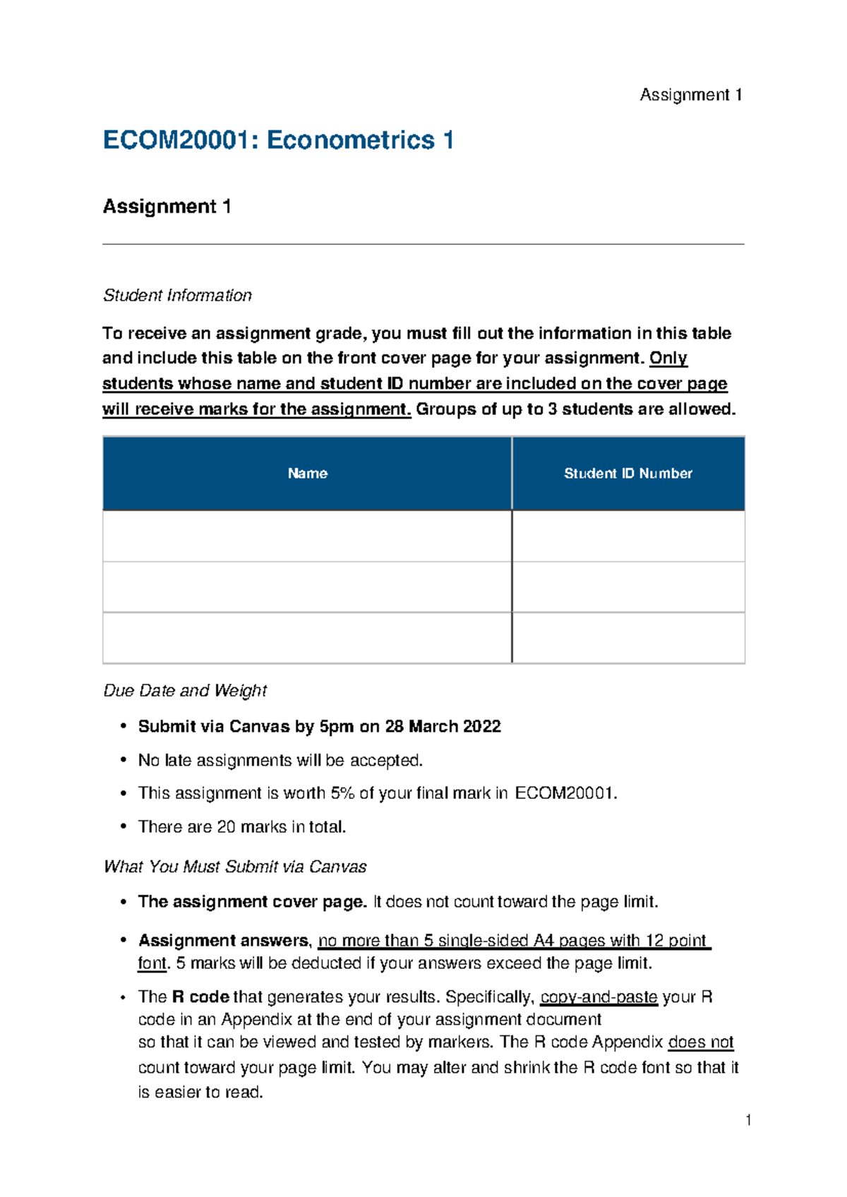 Assignment 1 - ECOM20001: Econometrics 1 Assignment 1 Student Information To receive an - Studocu