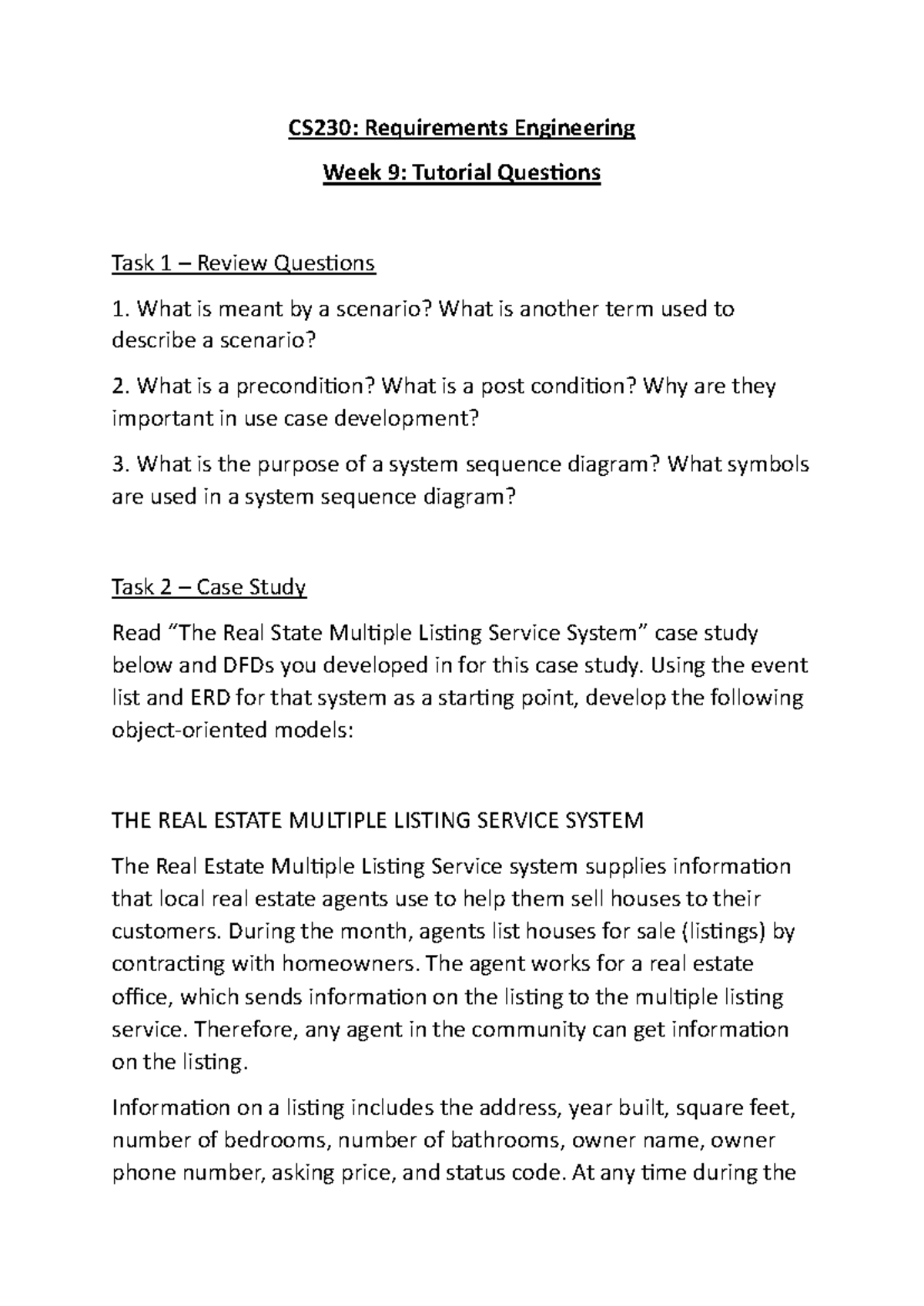 Tutorial 9 - CS230: Requirements Engineering Week 9: Tutorial Questions ...