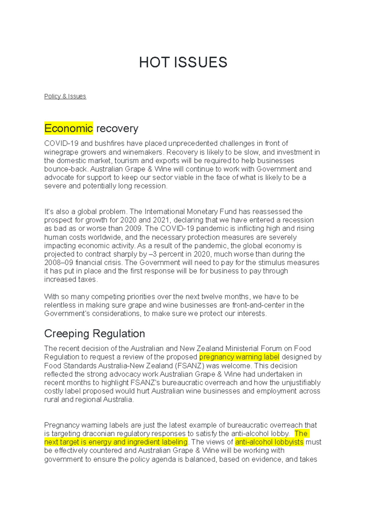 HOT Issues viticulture - HOT ISSUES Policy & Issues Economic recovery ...