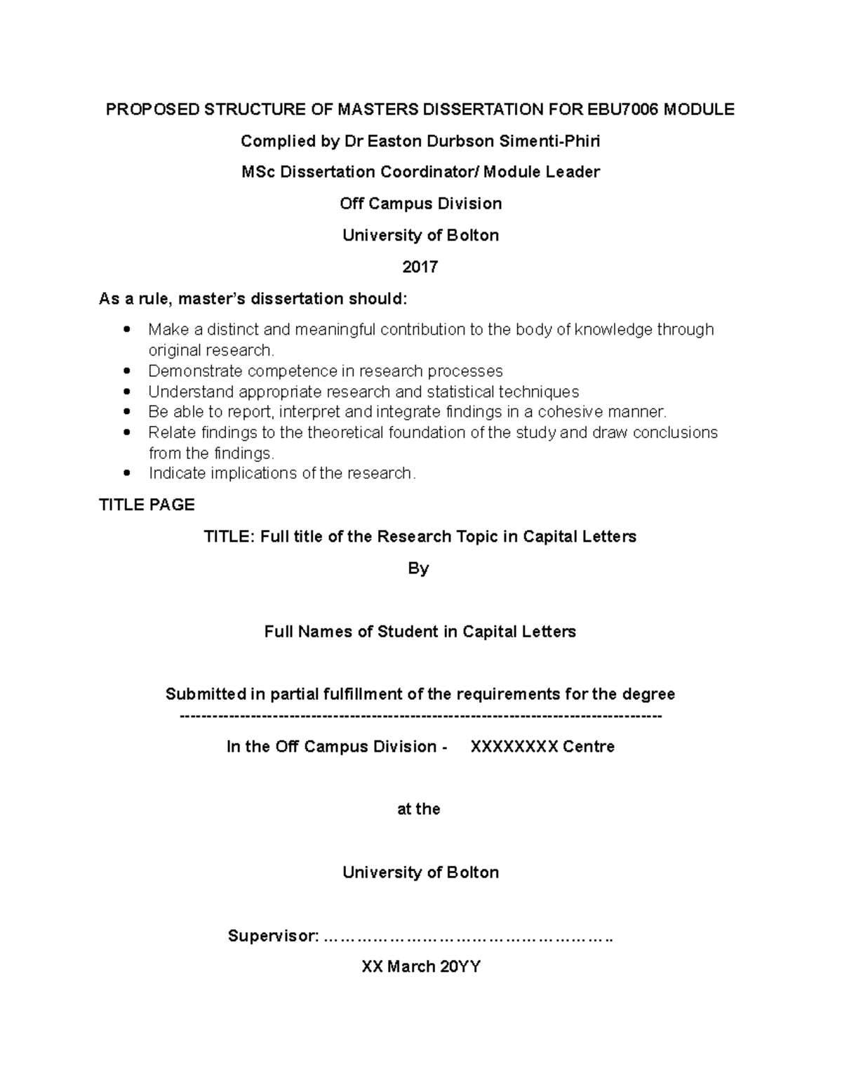 Proposed Structure OF Masters Dissertation FOR EBU7006 Module ...