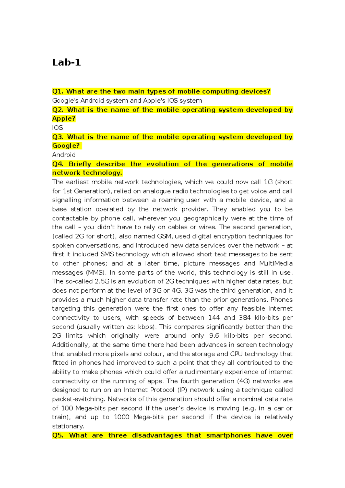 Lab - Itech 2000-week2-Study Guide - Lab- Q1. What are the two main types of mobile computing ...