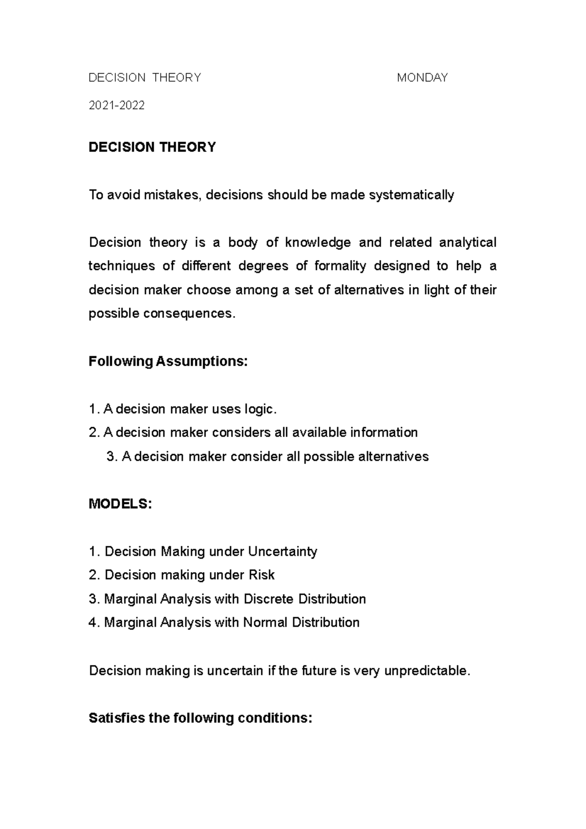 Decision Theory Lecture Notes - DECISION THEORY MONDAY 2021- DECISION ...