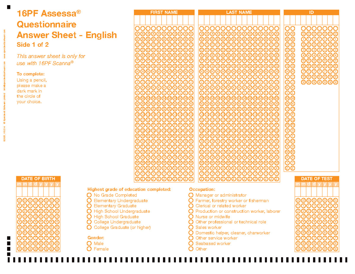 Answer Sheet for 16PF Assessa Questionnaire English - S3030_ © Speedwell Software Limited - Studocu