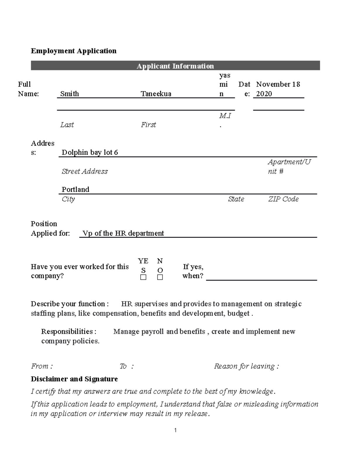 Employment application - Employment Application Applicant Information Full Name: Smith Taneekua ...