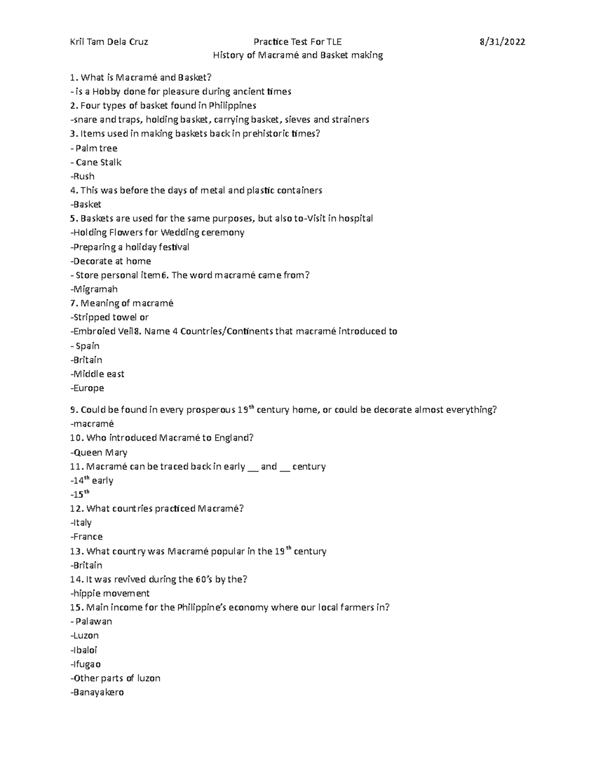 Practice Test for TLE9 basket and macrame making - Kril Tam Dela Cruz ...