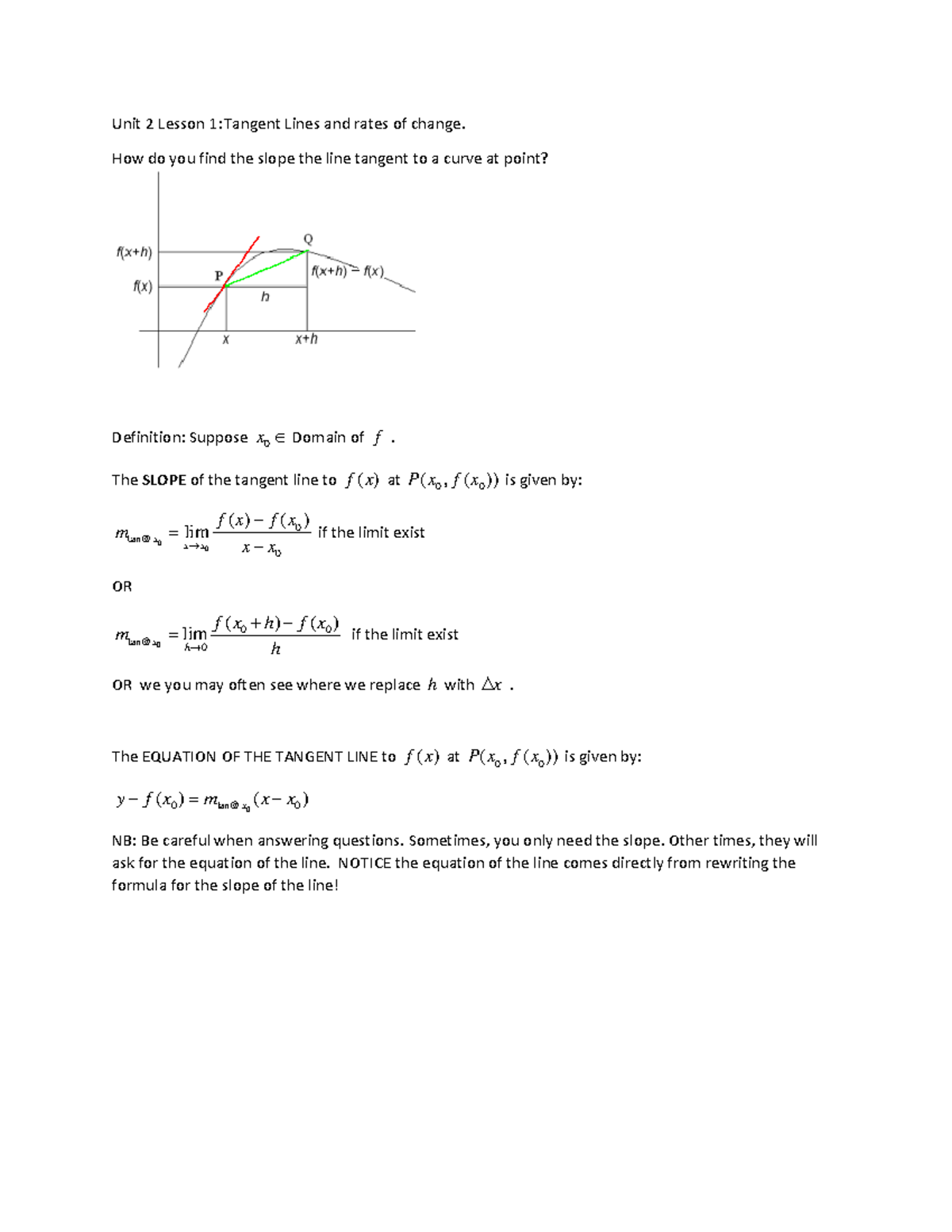 Chapter 2 Lesson 1 - Notes - Unit 2 Lesson 1: Tangent Lines and rates ...