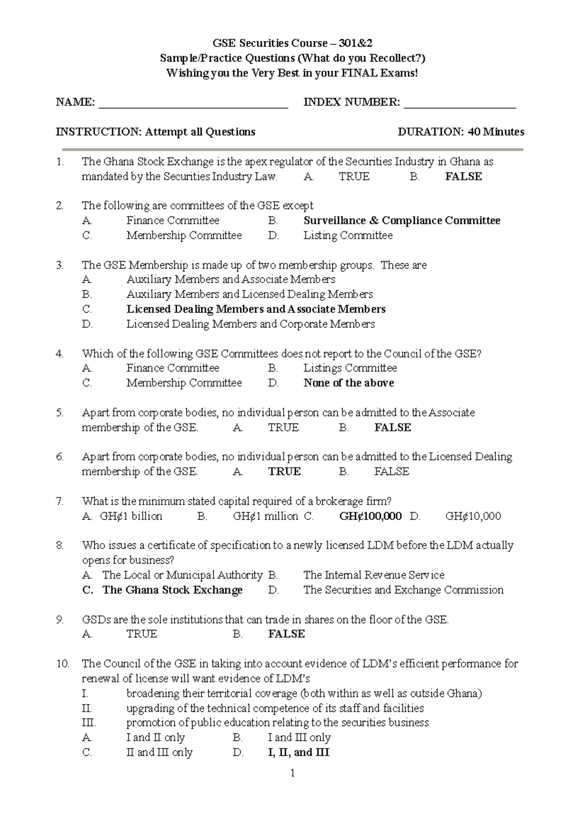 Quiz 11 October 2019, questions and answers - GSE Securities Course ...