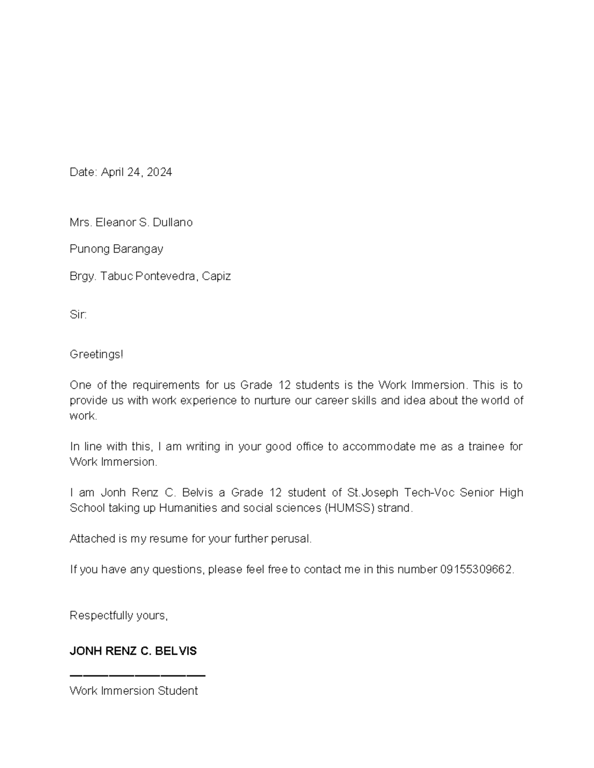Renz app letter - dsaasd - Date: April 24, 2024 Mrs. Eleanor S. Dullano ...