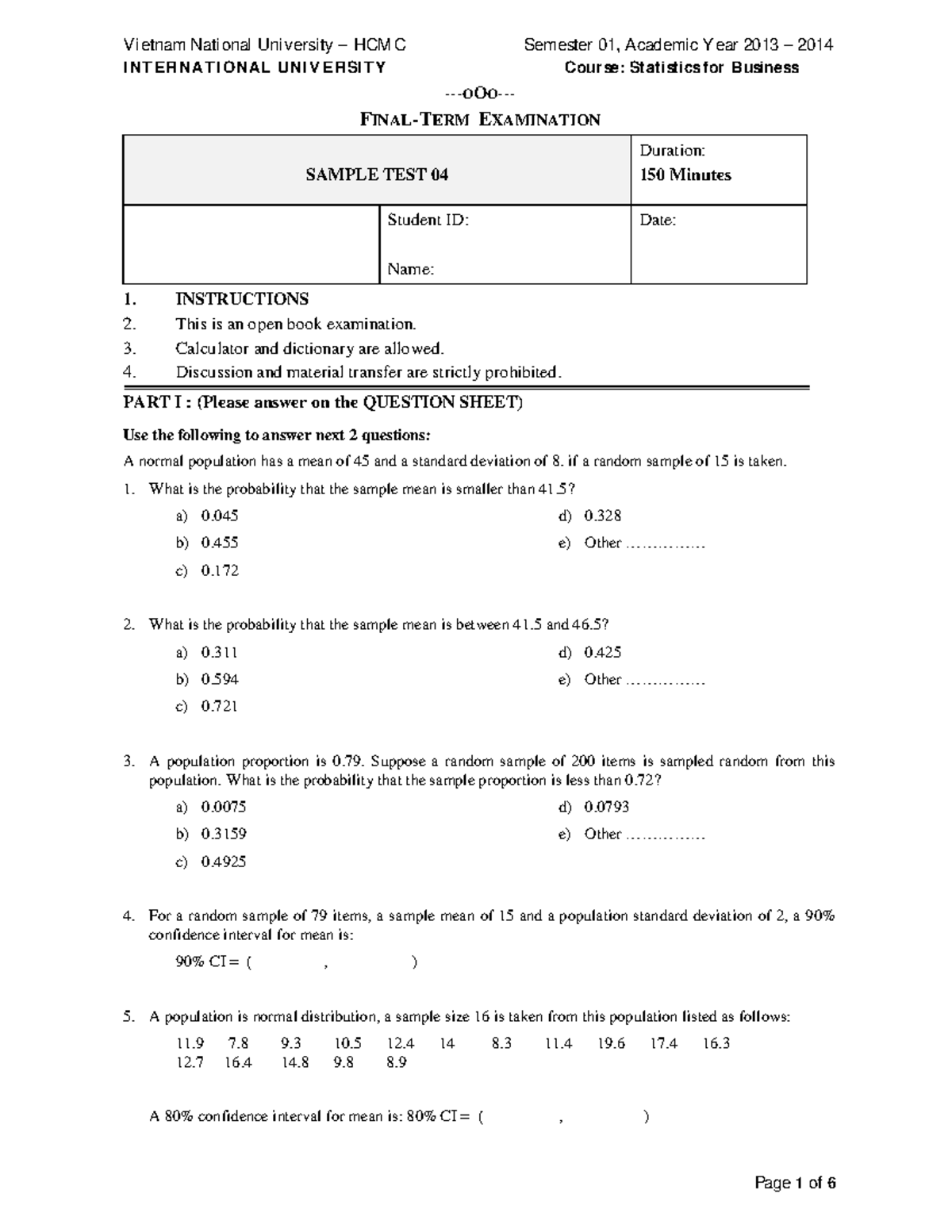 Statistics FALL2013 - Final Sample TEST 04 - INTERNATIONAL UNIVERSITY ...