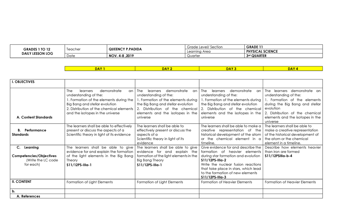 Document - notes on this subject - GRADES 1 TO 12 DAILY LESSON LOG ...