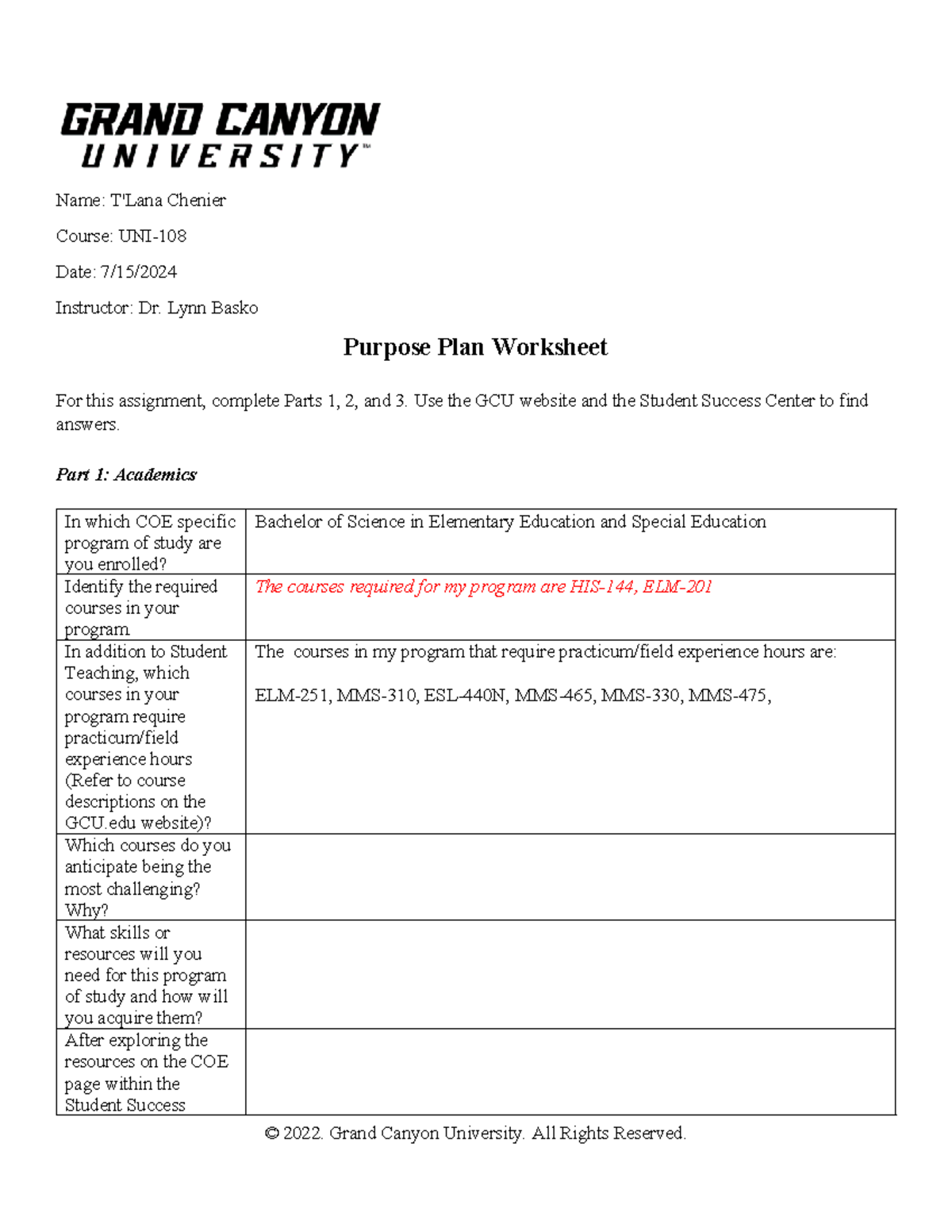 The Purpose Plan Worksheet for Bachelor of Science in Elementary ...