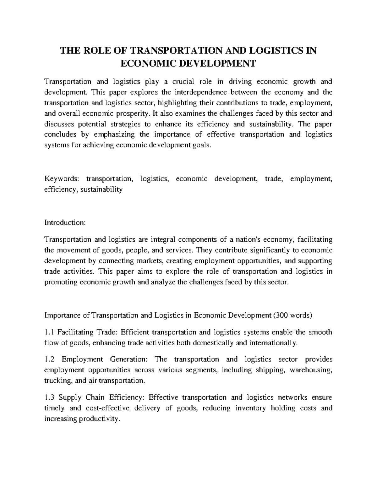 THE ROLE OF Transportation AND Logistics IN Economic Development - THE ...