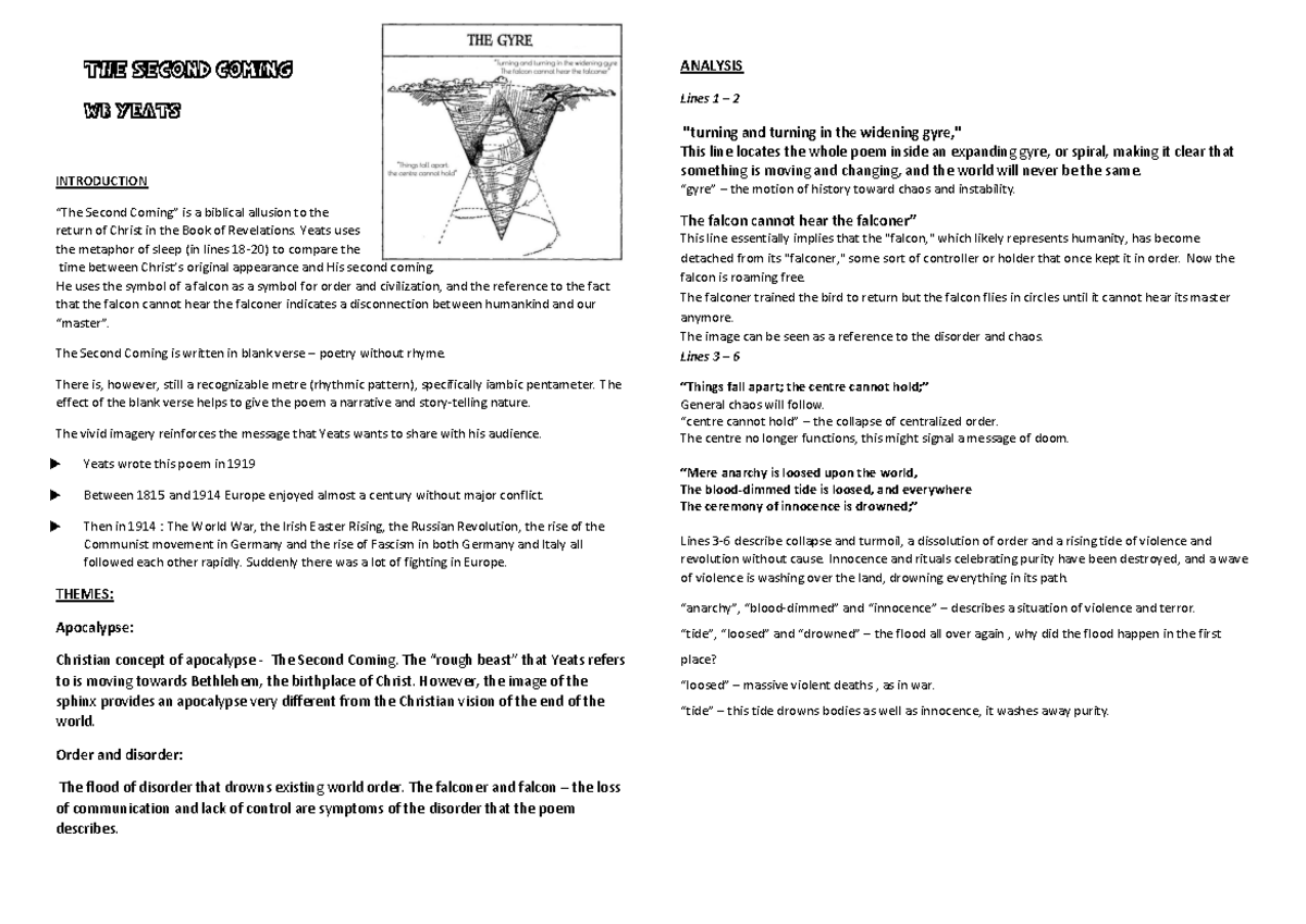 The Second Coming note - Poetry summary and analysis - THE SECOND ...