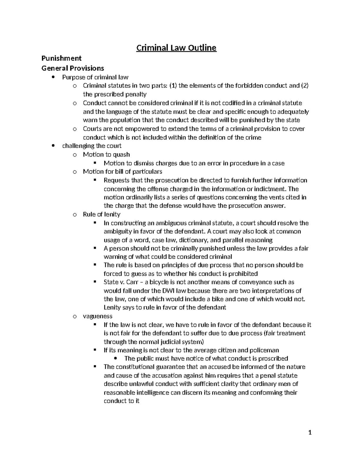 Criminal Law Outline - Criminal Law Outline Punishment General ...