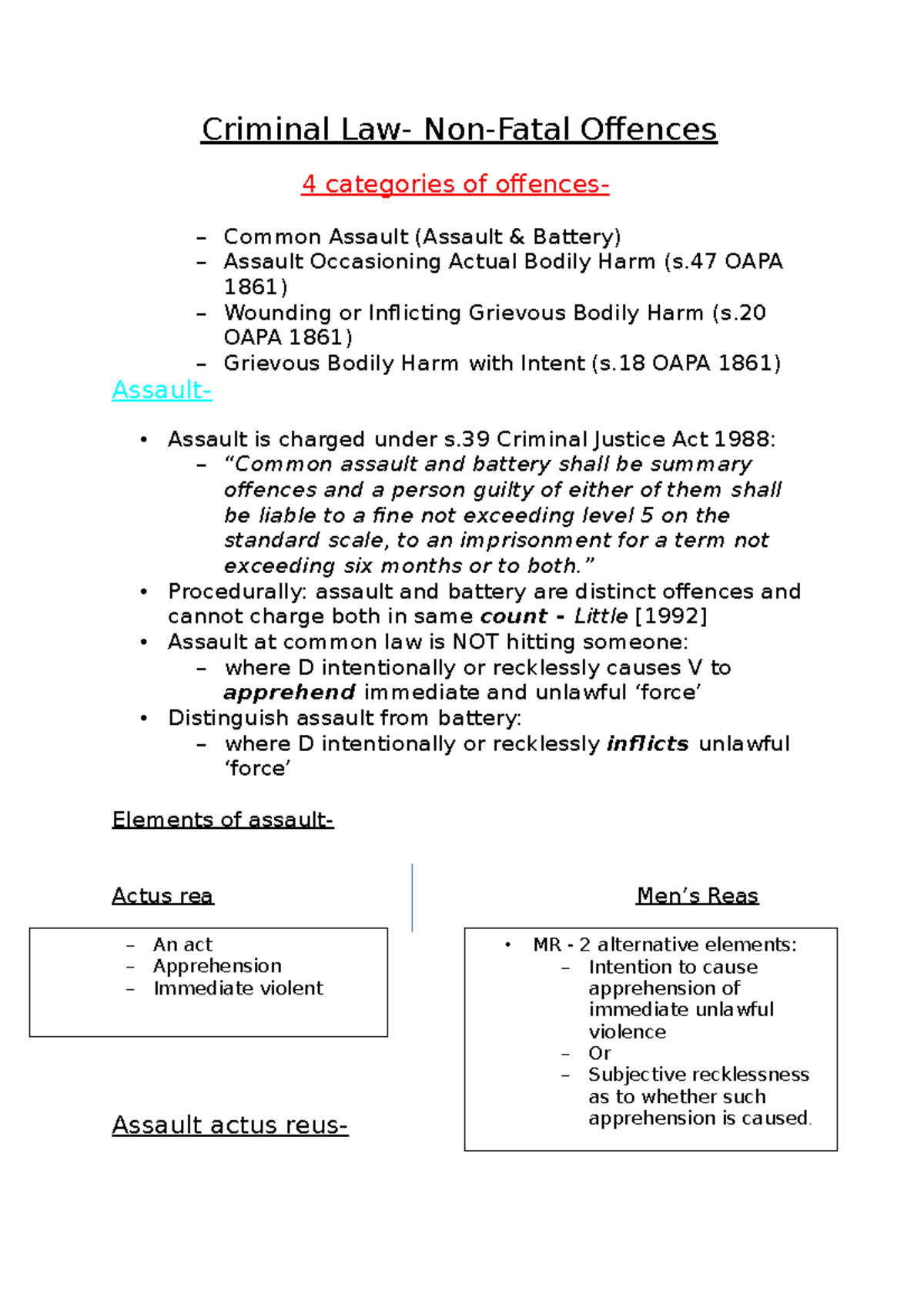 Criminal Law, non fatal offences to person 1 - Criminal Law - Non-Fatal ...