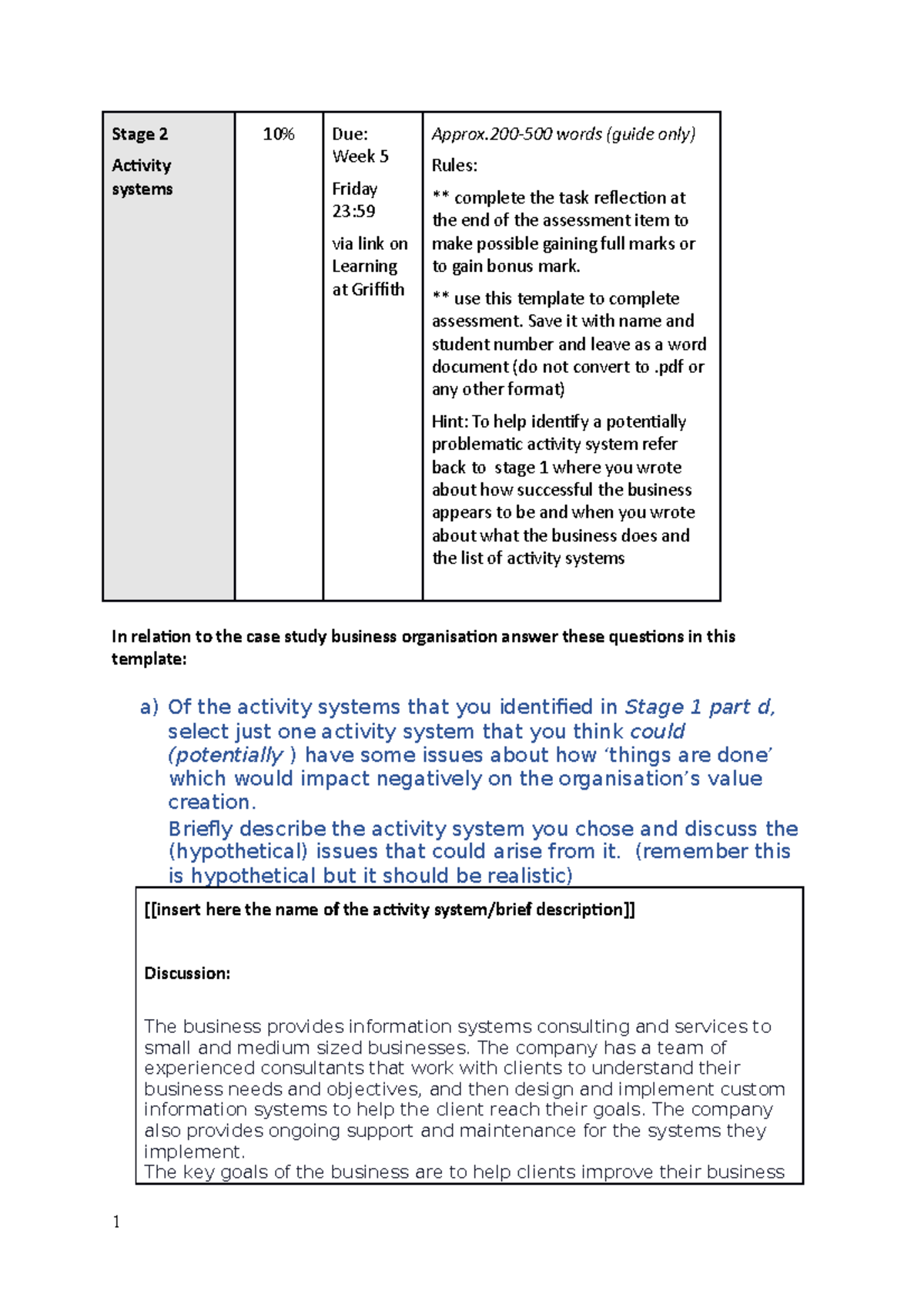 Stage 2 template - lecture - Stage 2 Activity systems 10% Due: Week 5 ...