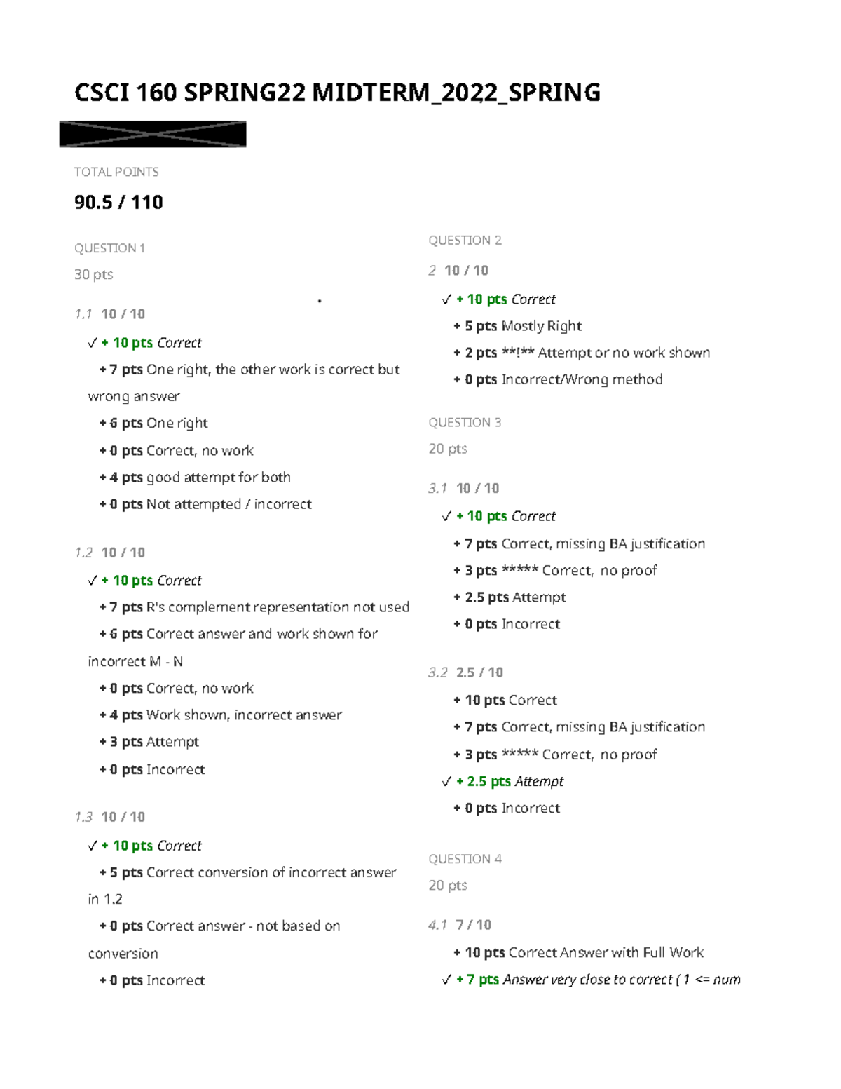 160 midterm - CSCI 160 SPRING22 MIDTERM_2022_SPRING TOTAL POINTS 90 / 110 QUESTION 1 30 pts 1 10 ...