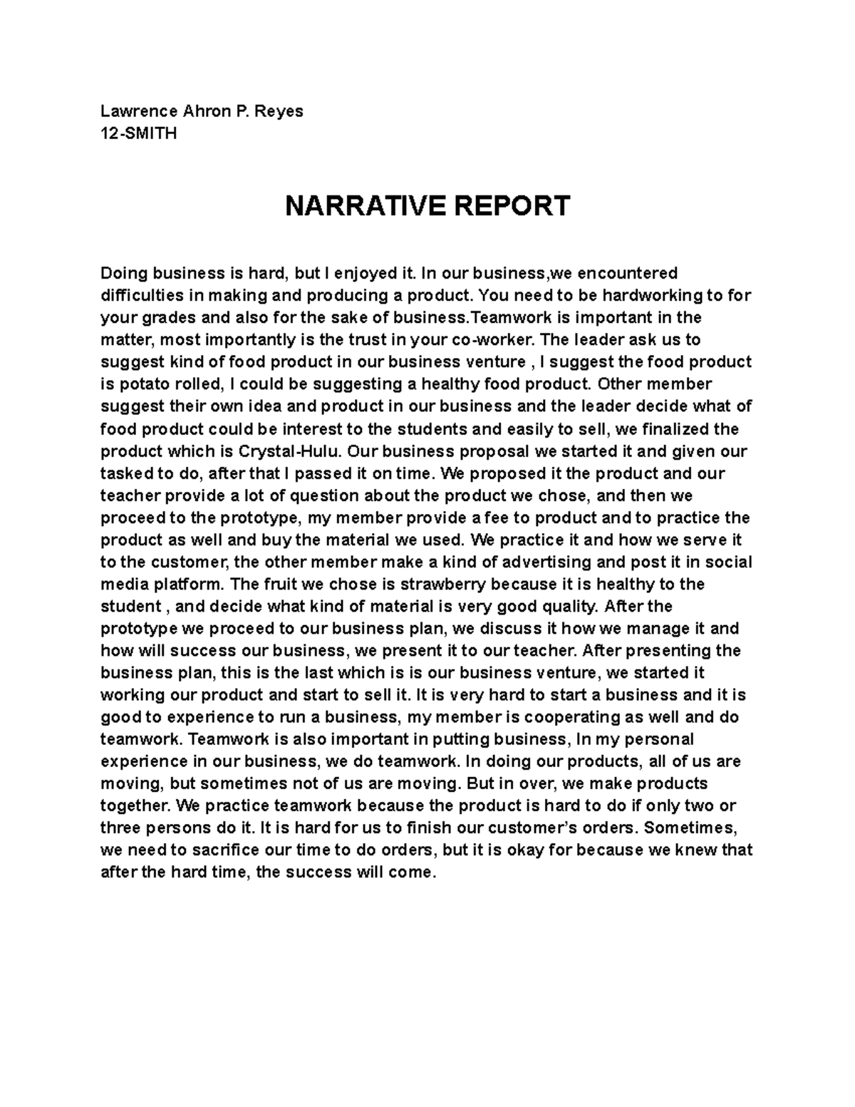 Narrative-Report - sadasdasfwfsafasf - Lawrence Ahron P. Reyes 12-SMITH ...