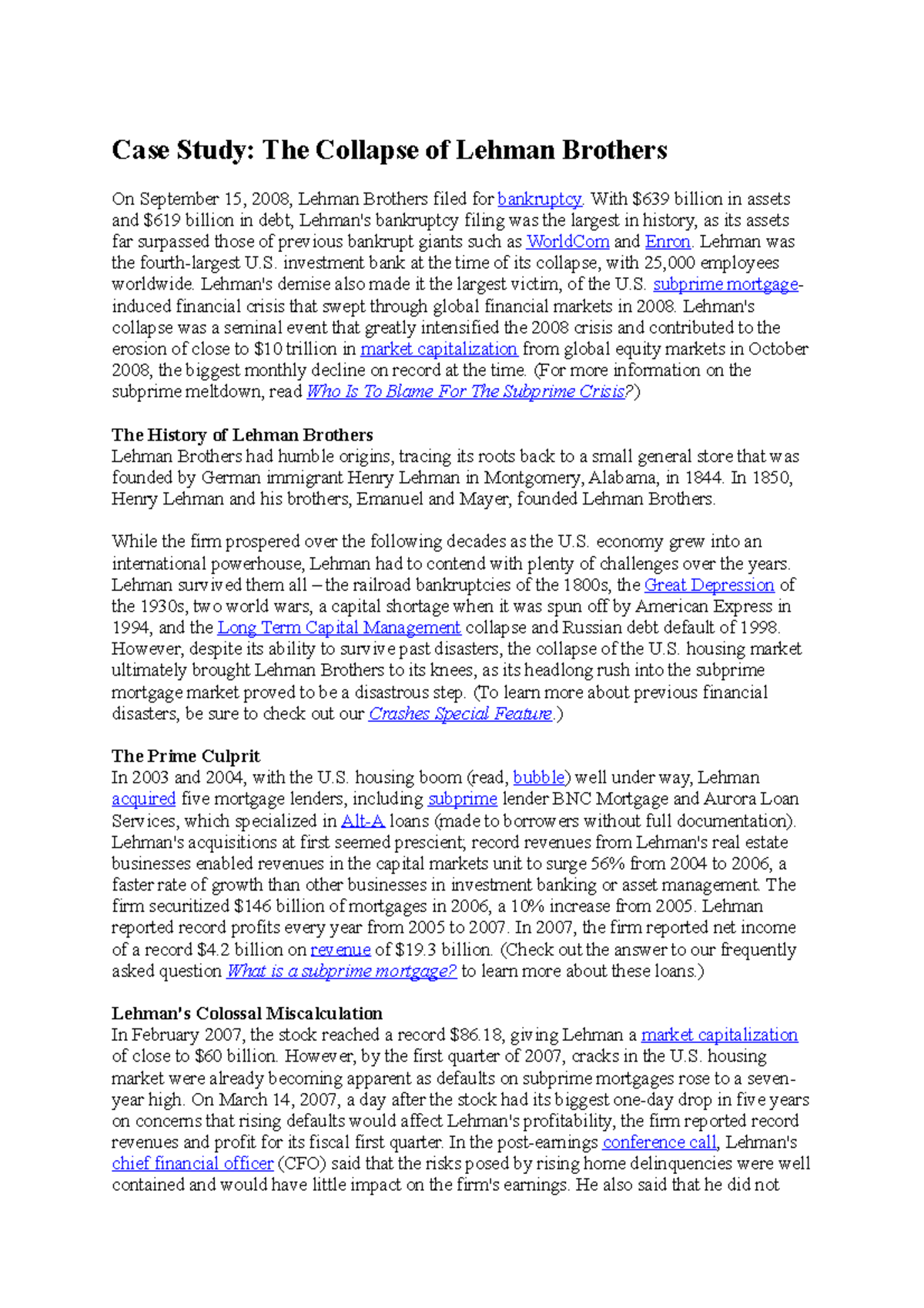 Case study - The Collapse of Lehman Brothers - With billion in assets and billion in debt, - Studocu