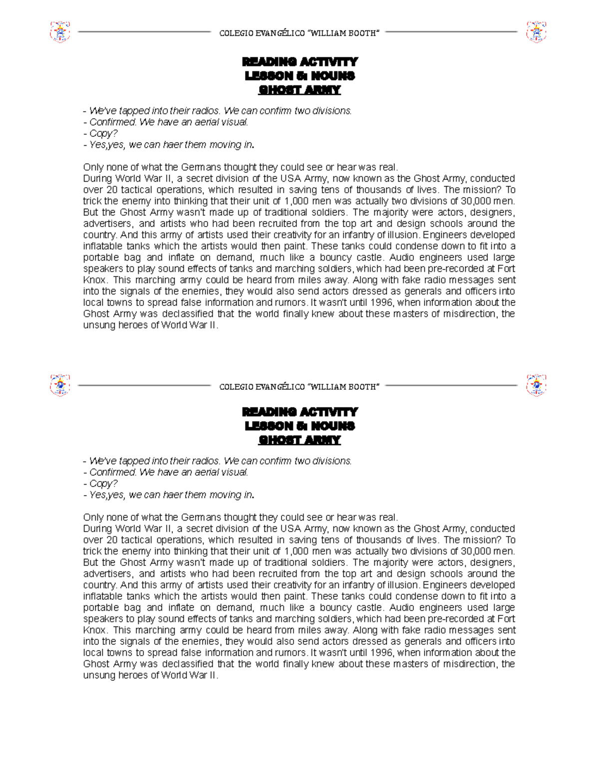 Ghost ARMY - COLEGIO EVANGÉLICO “WILLIAM BOOTH” READING ACTIVITY LESSON ...