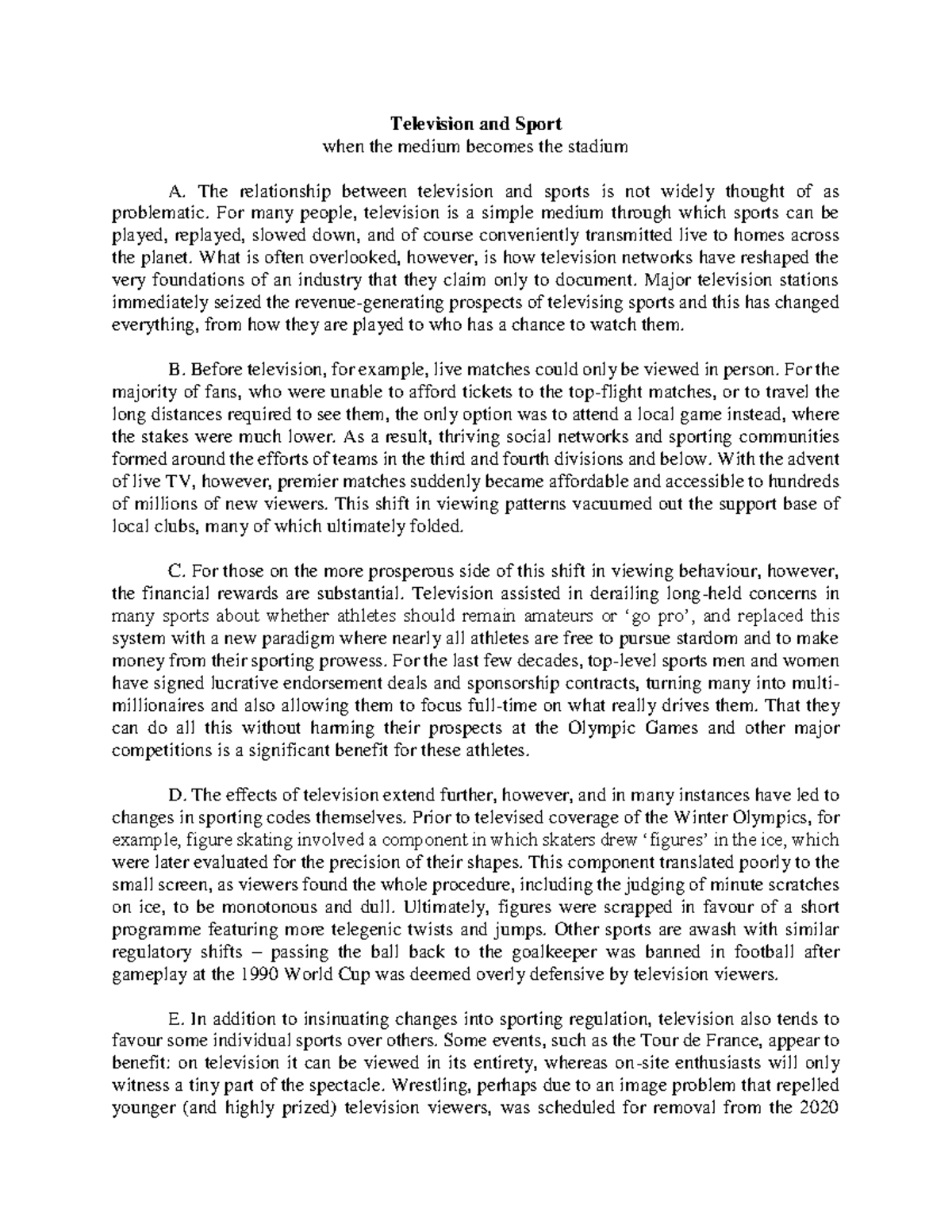 Television and Sport - TRS501 - Television and Sport when the medium ...