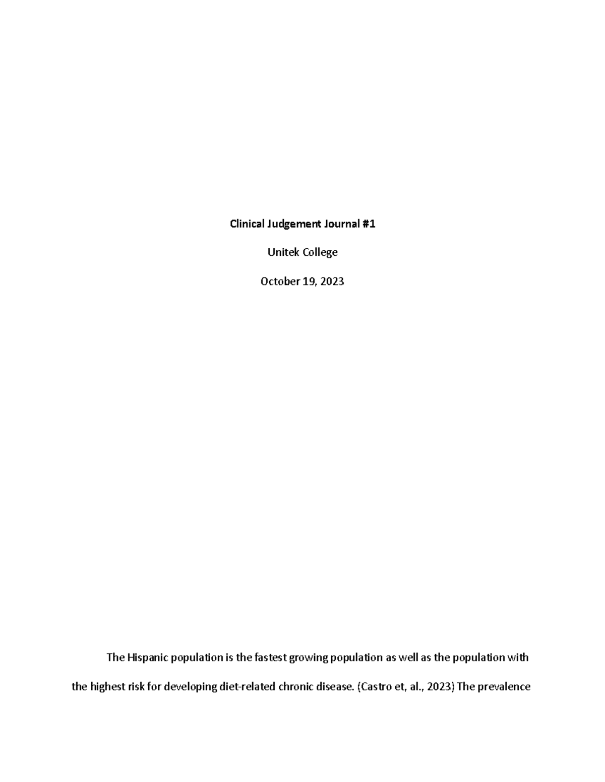 Clinical Judgement Journal #1 - (Castro et, al., 2023) The prevalence ...