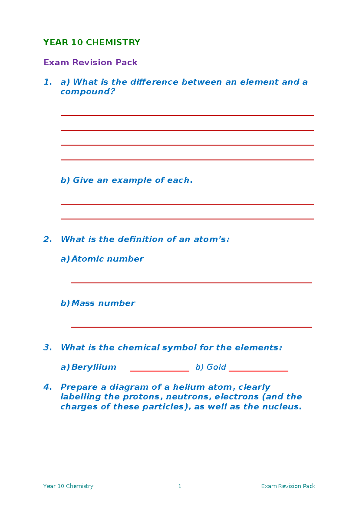 Year 10 Chemistry - Exam Revision Pack - 2023 - YEAR 10 CHEMISTRY Exam ...