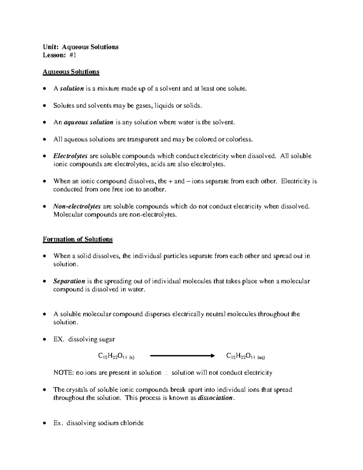 Unit 4 Lesson 01 Chemistry - Unit: Aqueous Solutions Lesson: # Aqueous ...
